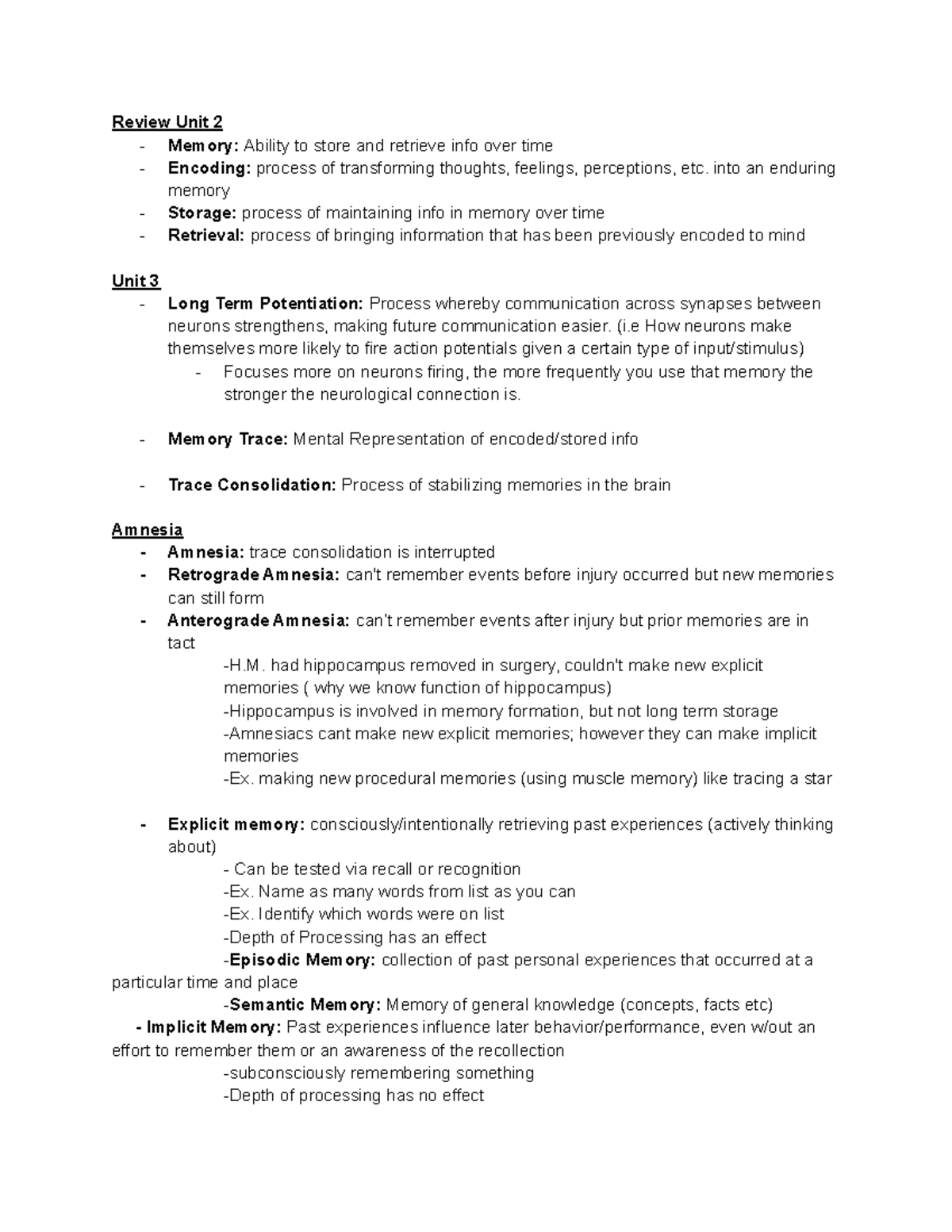 Psyc Unit 3 Notes - Professor Eric Lundquist - Review Unit 2 - Memory ...