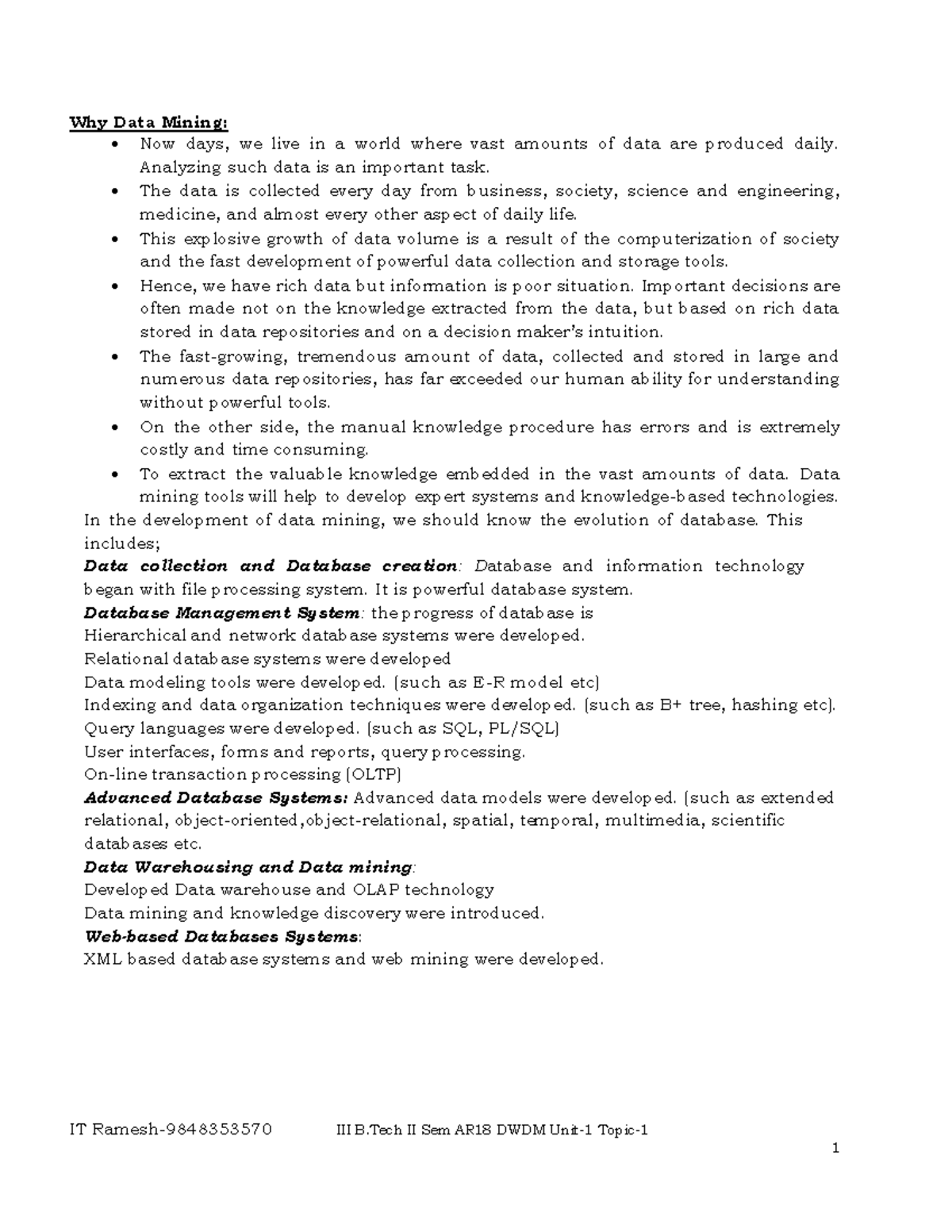 AR 18 DWDM UNIT I Topic 1 - This is introduction about Data Mining concepts - IT Ramesh ...