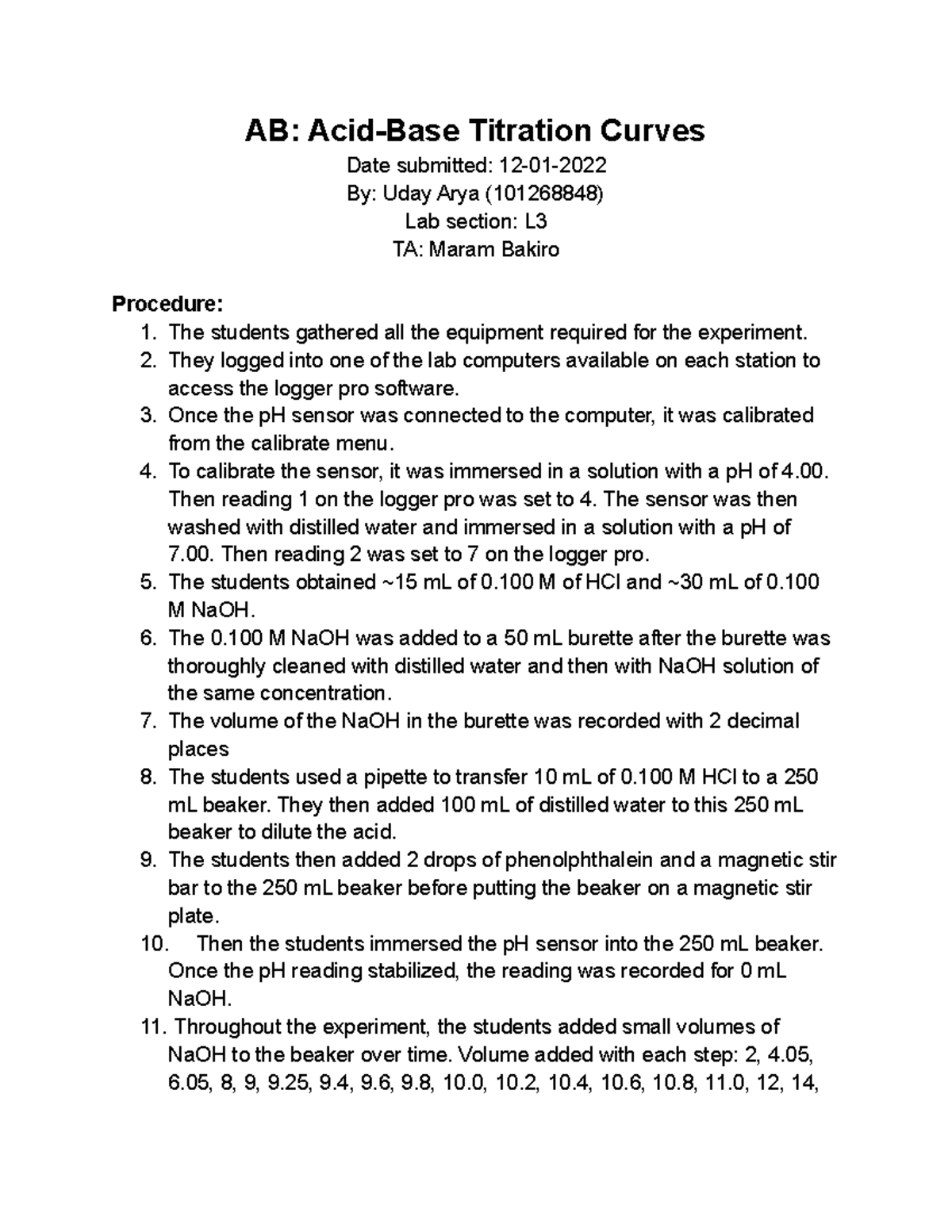 AB Lab report, 12-01-2022 - AB: Acid-Base Titration Curves Date ...