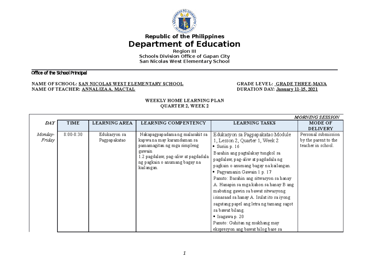 Weekl 2y Home Learning Plan Q2 Grade 3 Week 2 - Department of Education Region III Schools ...
