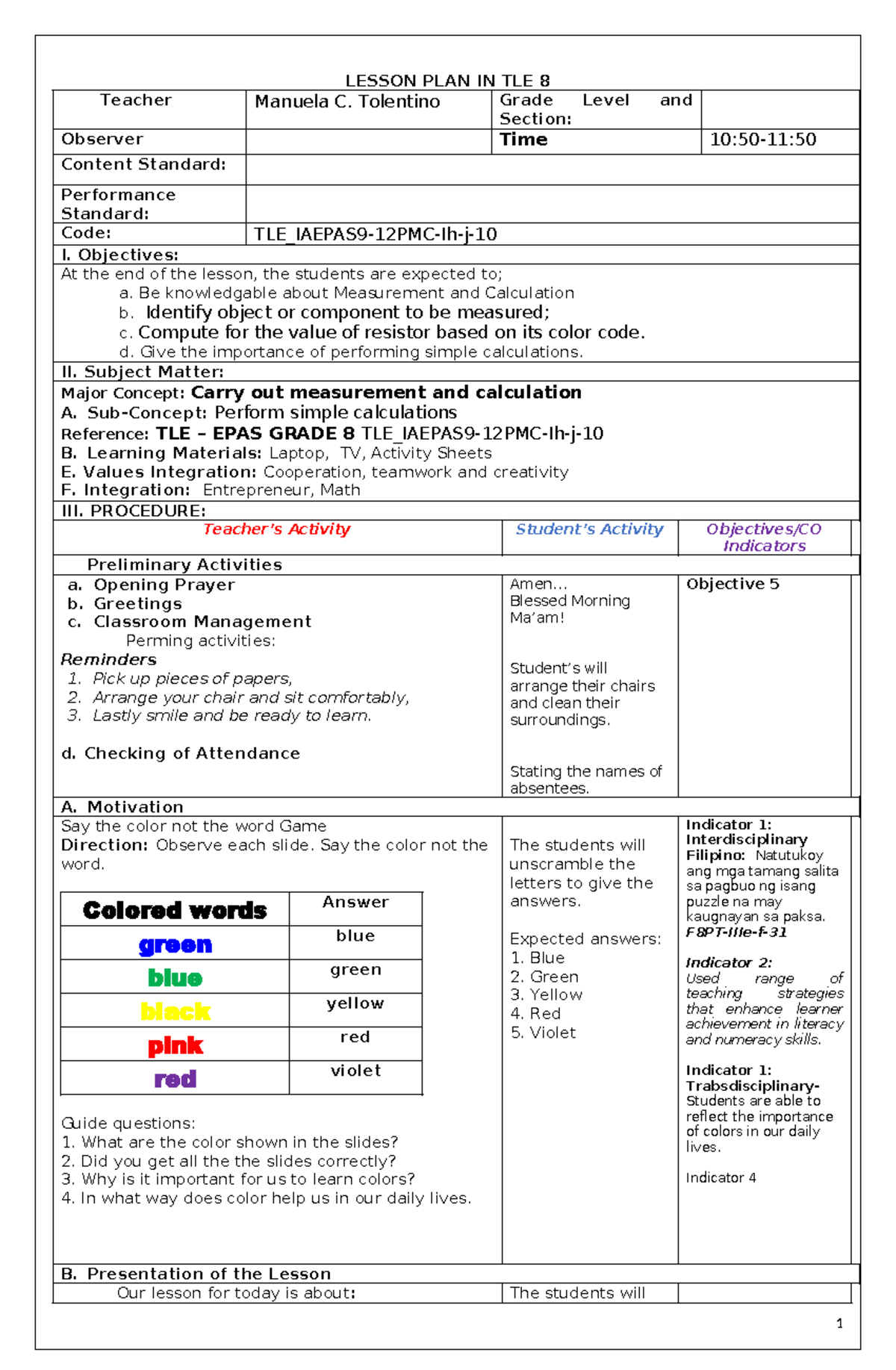 COT FOR 3RD GRADING - LESSON PLAN IN TLE 8 Teacher Manuela C. Tolentino ...