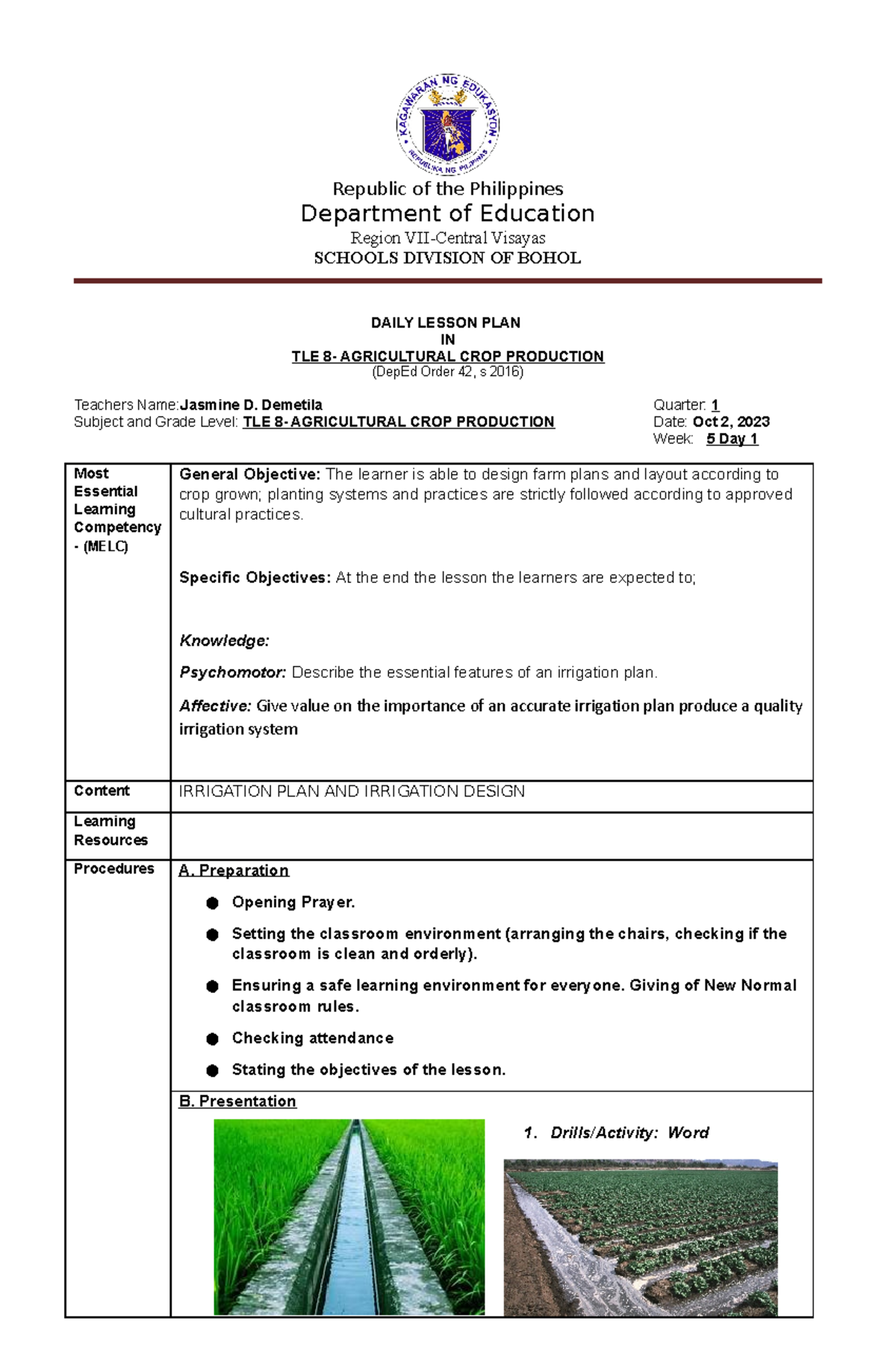 Agricrop TLE 8 WEEK 6 - lesson plan - Republic of the Philippines ...