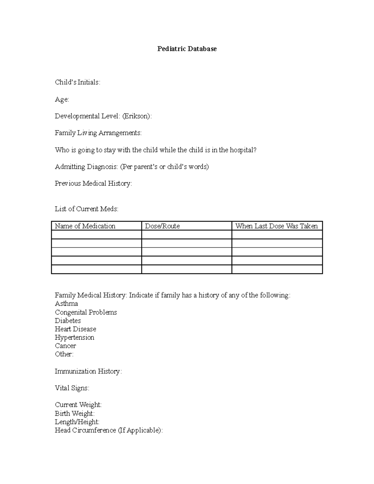 Pediatric Database - homework - Pediatric Database Child’s Initials ...