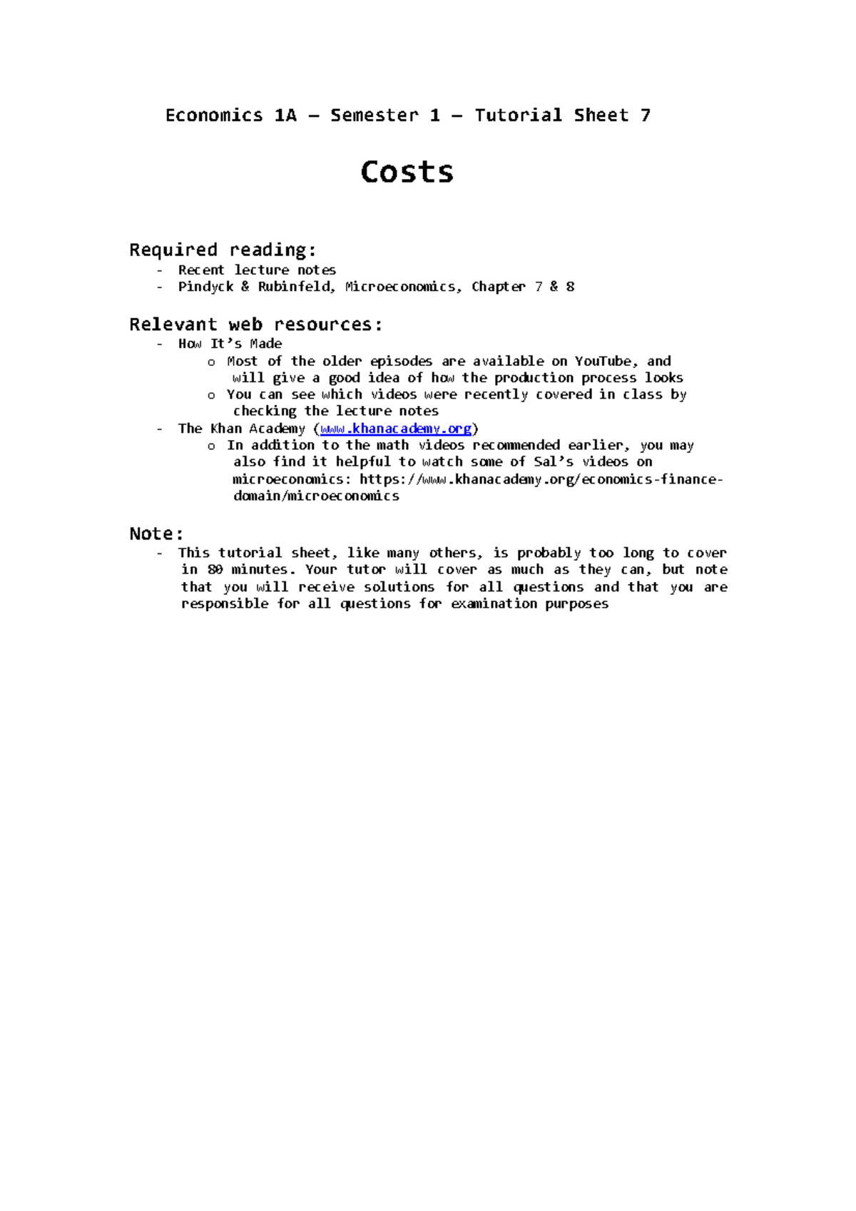 Week 8 - Tutorial 7 Week 8 Semester 1 Solutions - Economics 1A ...