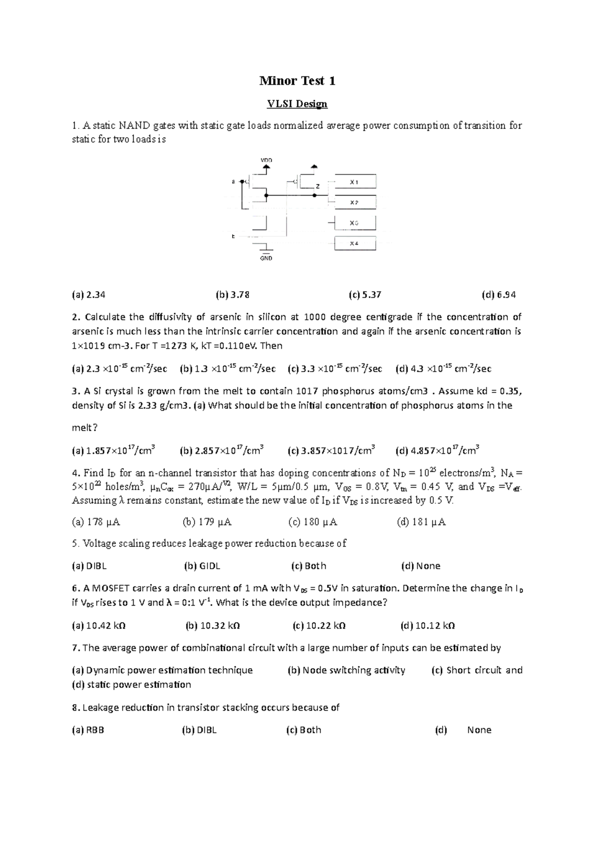 ECE VLSI PRACTICE QUESTIONS CHAPTER 1 - Minor Test 1 VLSI Design 1. A ...