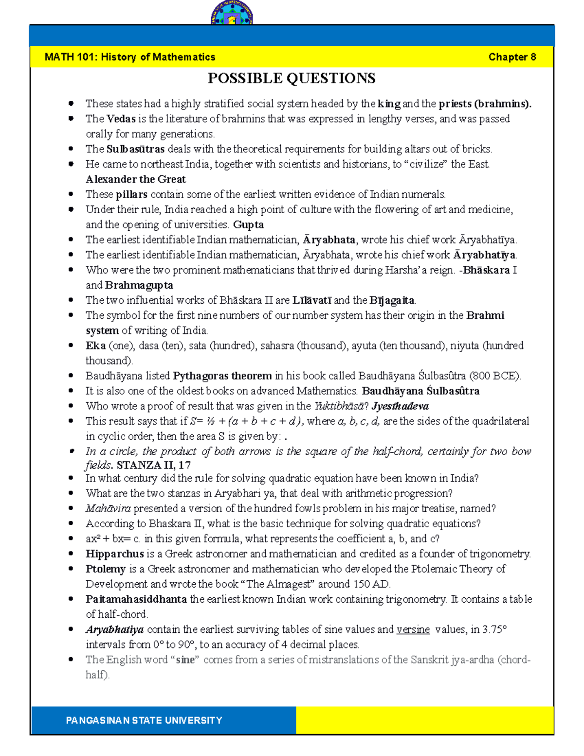 Questions Chapter 8 Ancient AND Medieval India - POSSIBLE QUESTIONS ...