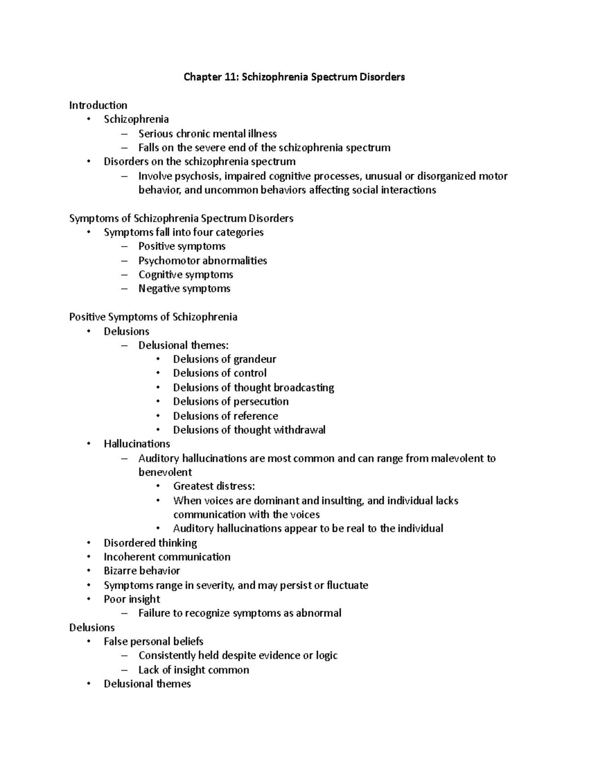 Chapter 11 Notes - Chapter 11: Schizophrenia Spectrum Disorders ...