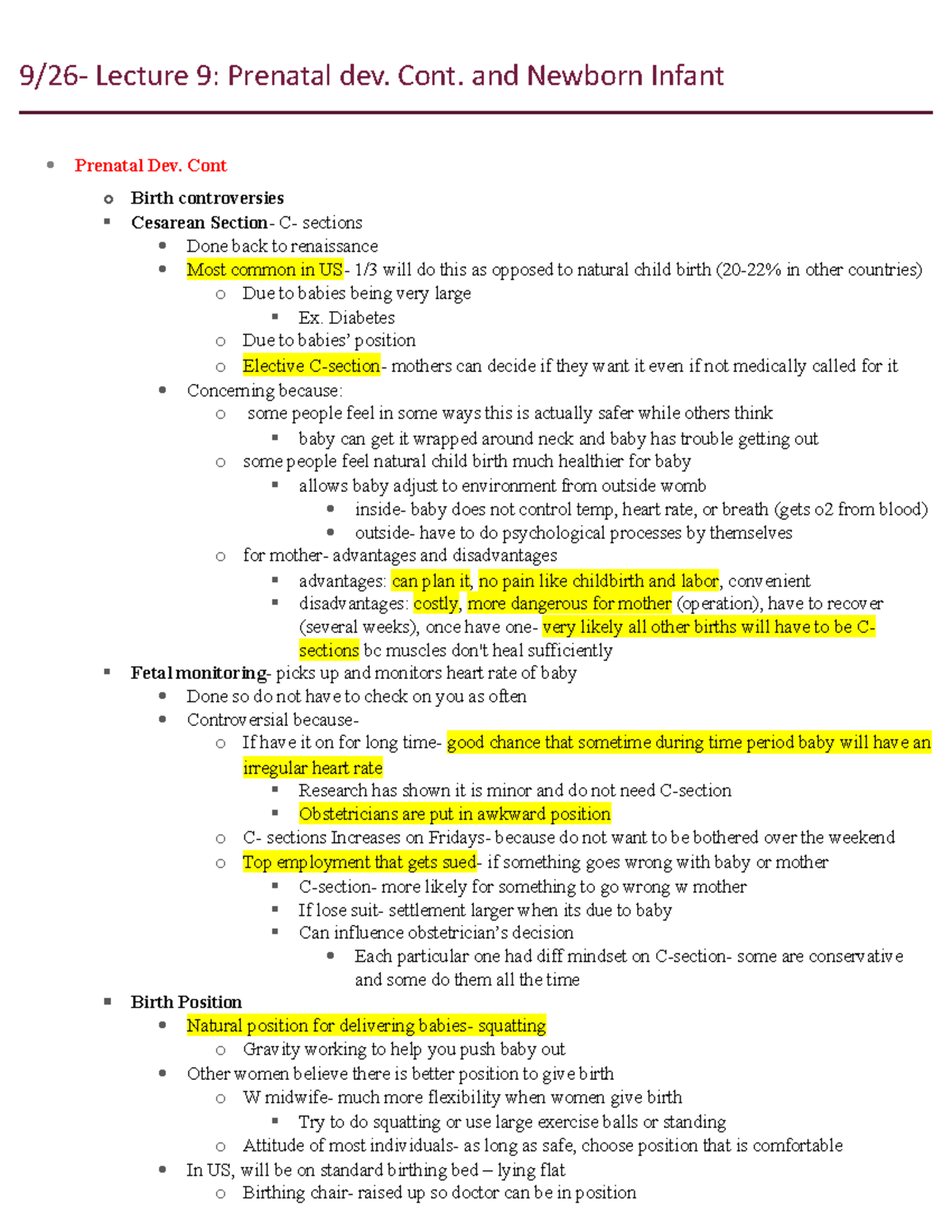 9:26- Lecture 9- Birth Controversies cont. and Newborn - 9/26- Lecture ...