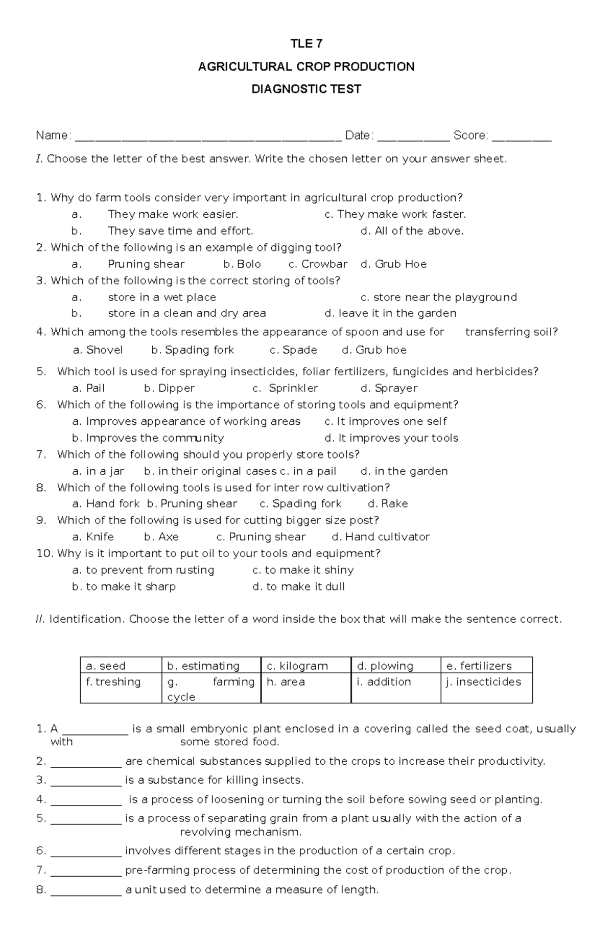 DT-TLE-Agri - Diagnostic Test - TLE 7 AGRICULTURAL CROP PRODUCTION ...