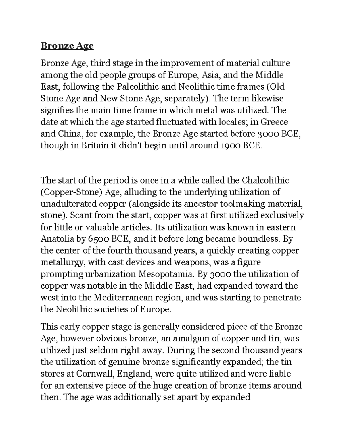 Bronze Age - Bronze Age Bronze Age, third stage in the improvement of ...