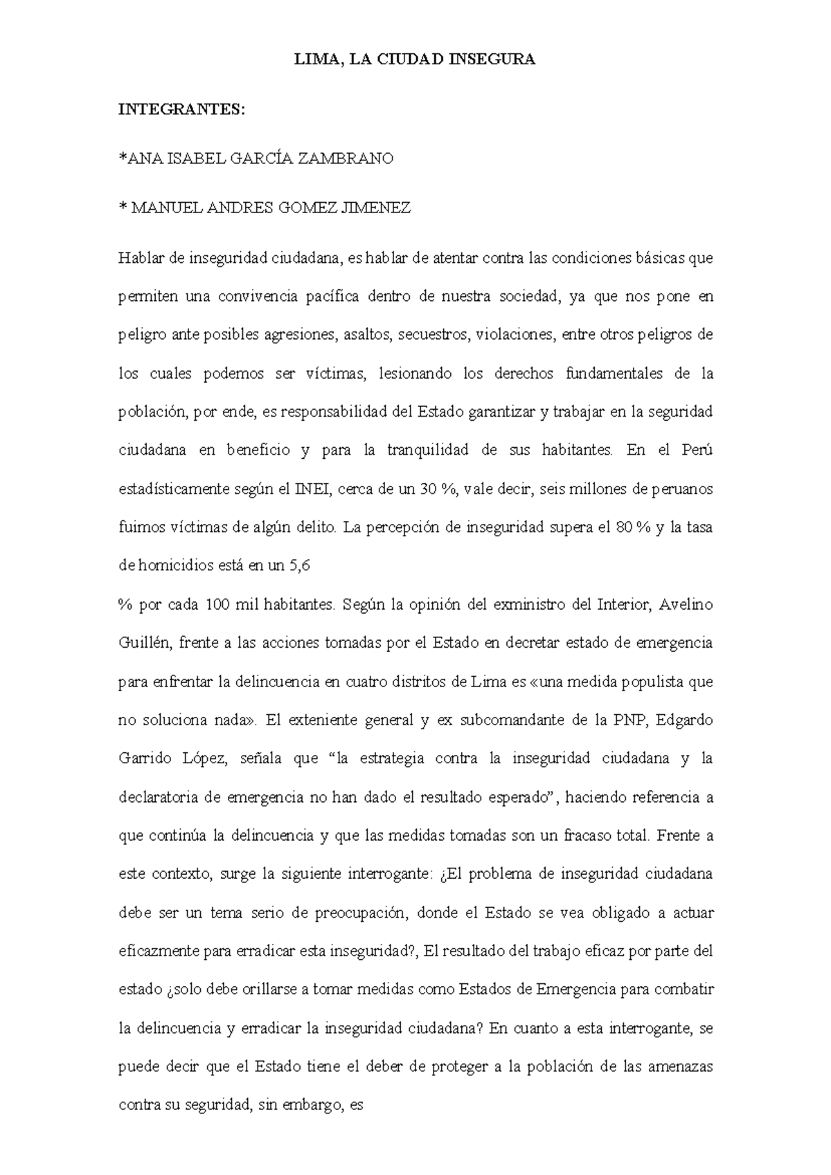Texto Argumentativo - .ghbjn - LIMA, LA CIUDAD INSEGURA INTEGRANTES ...