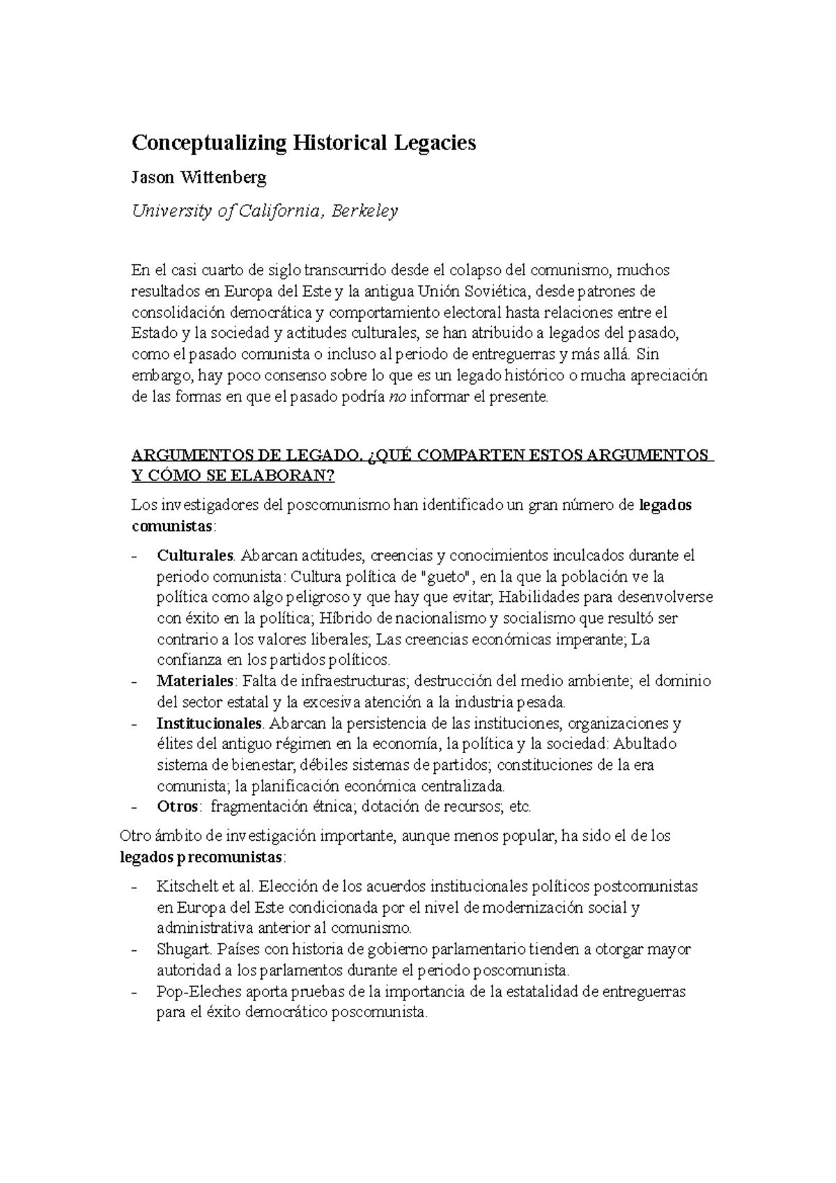 Lectura Wittenberg Legados de las Autocracias - Conceptualizing ...