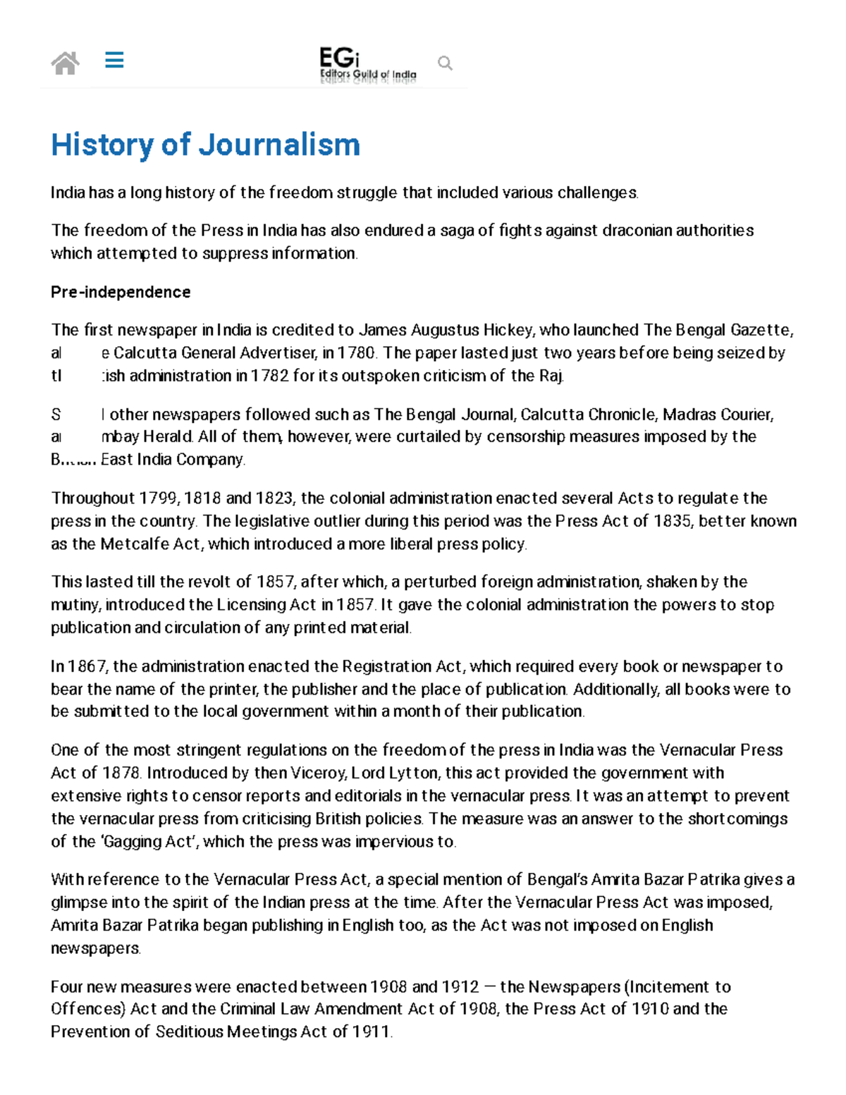 History of Journalism - Editors Guild of India - History of Journalism ...
