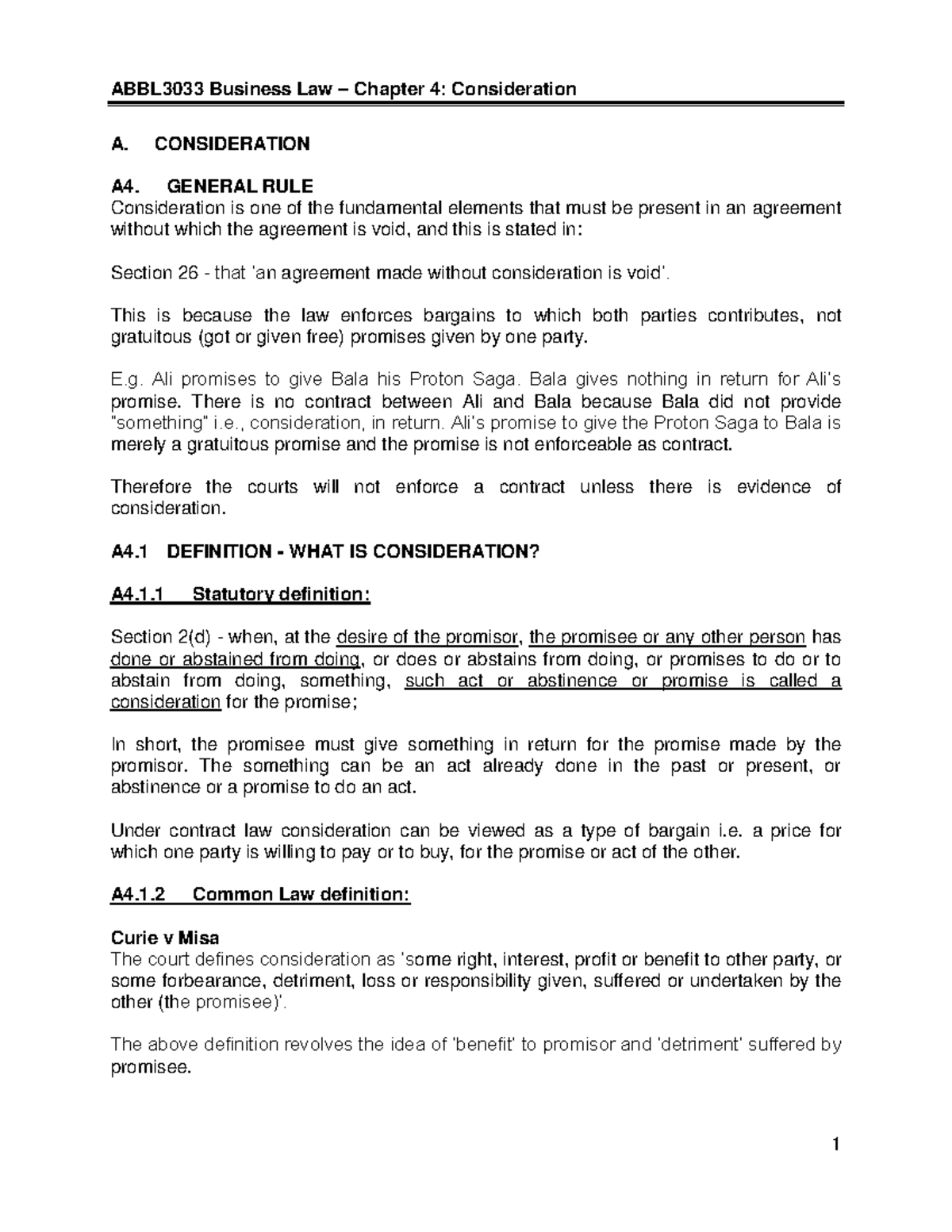 Chap 4 - Consi, Int Cr Legal Rel & Privi - A. CONSIDERATION A4. GENERAL ...