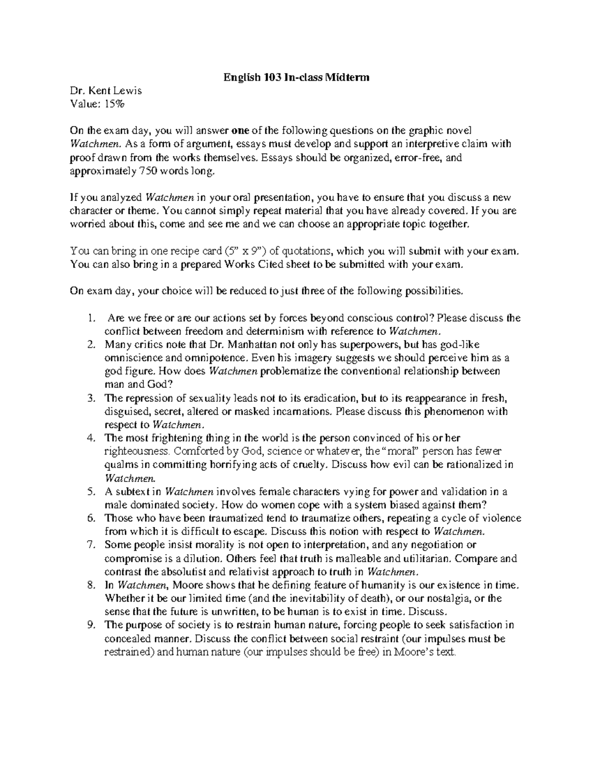 English 103 Midterm 2021 - English 103 In-class Midterm Dr. Kent Lewis ...