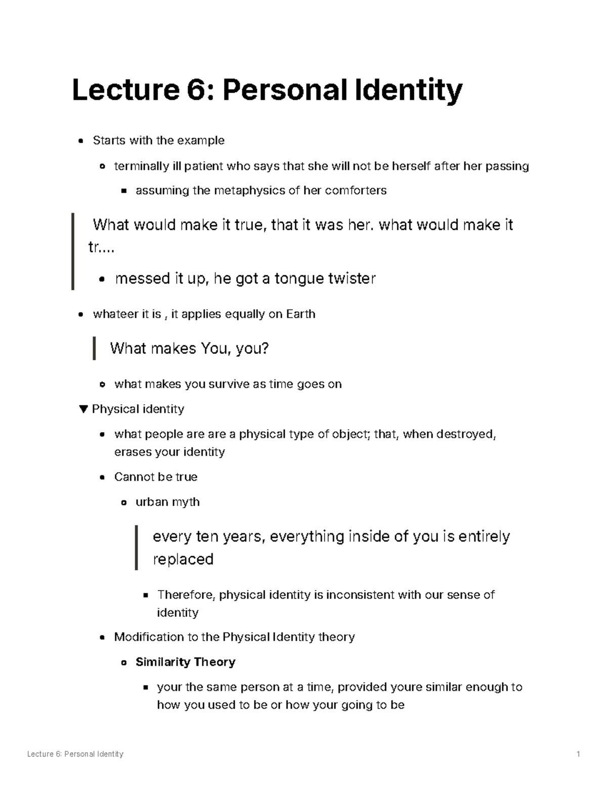 Lecture 6 - Peronal Identity: Notes during lecture - Lecture 6 ...