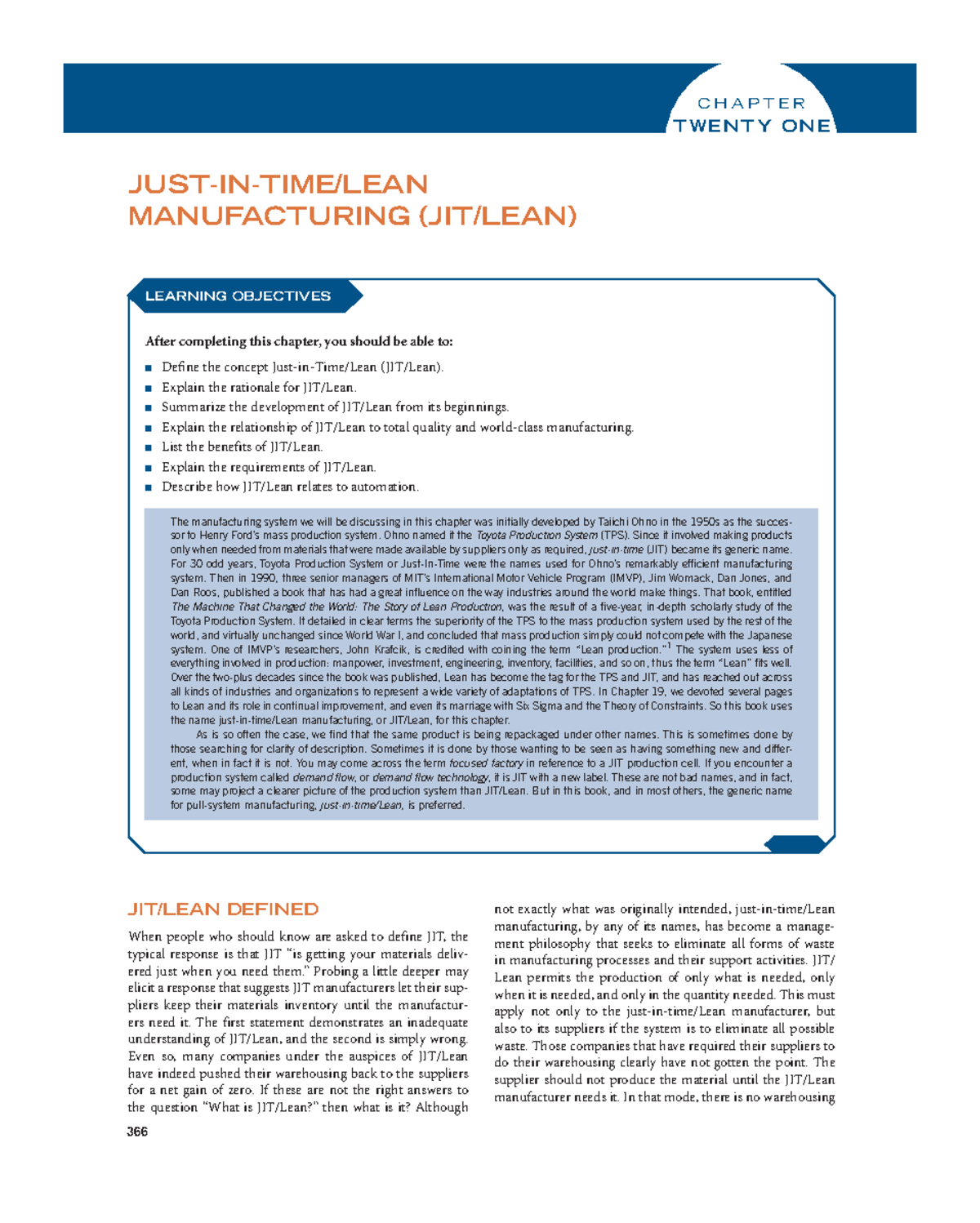 JIT Lecture note - 366 C h a p t e r Twen T y O n e Learning ObjecTives jusT-in-Time/Lean - Studocu