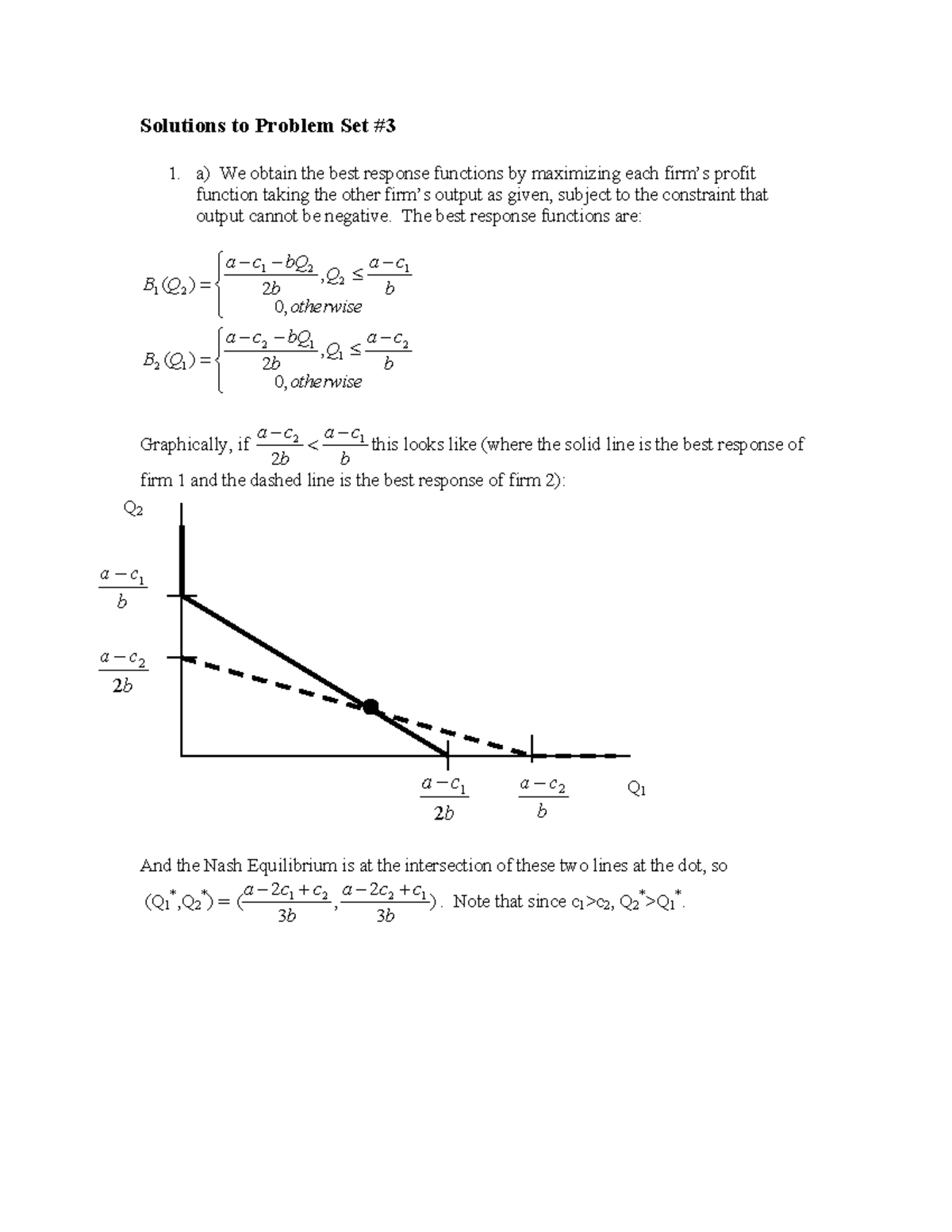 Ugsps 3 - PROBLEM SET - Solutions to Problem Set a) We obtain the best response functions by ...