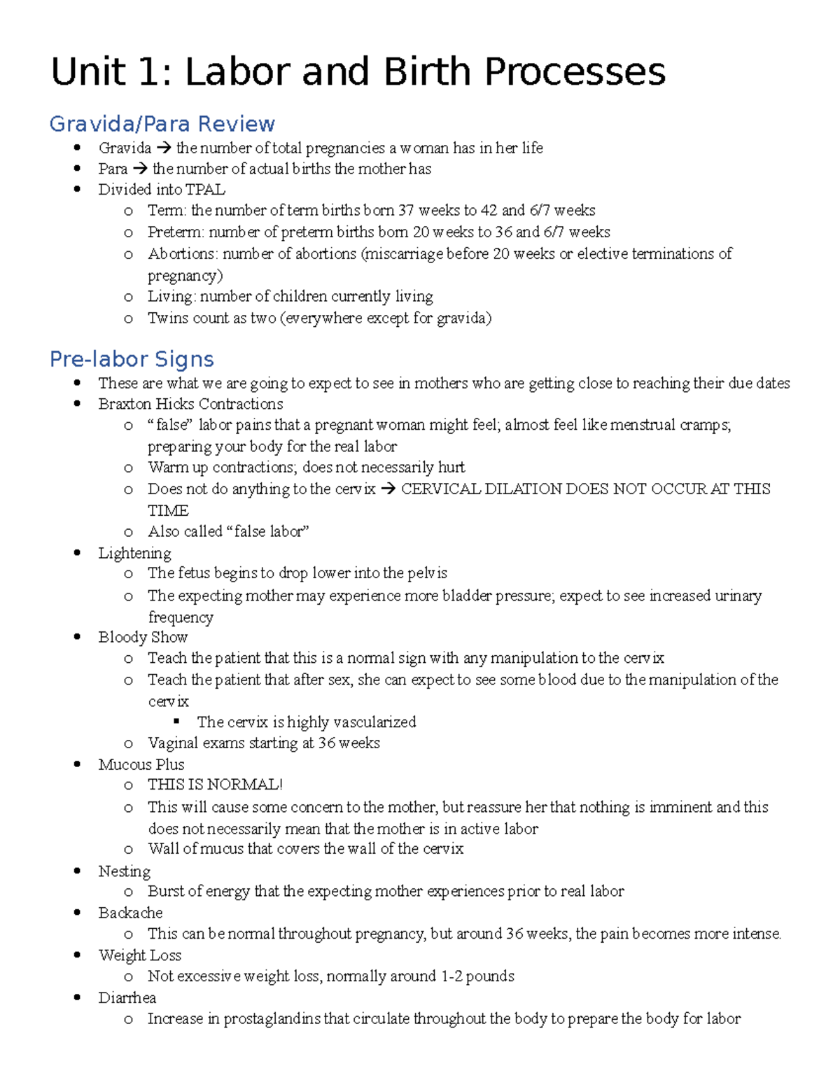Unit 1 Labor and Birth Processes - Unit 1: Labor and Birth Processes ...