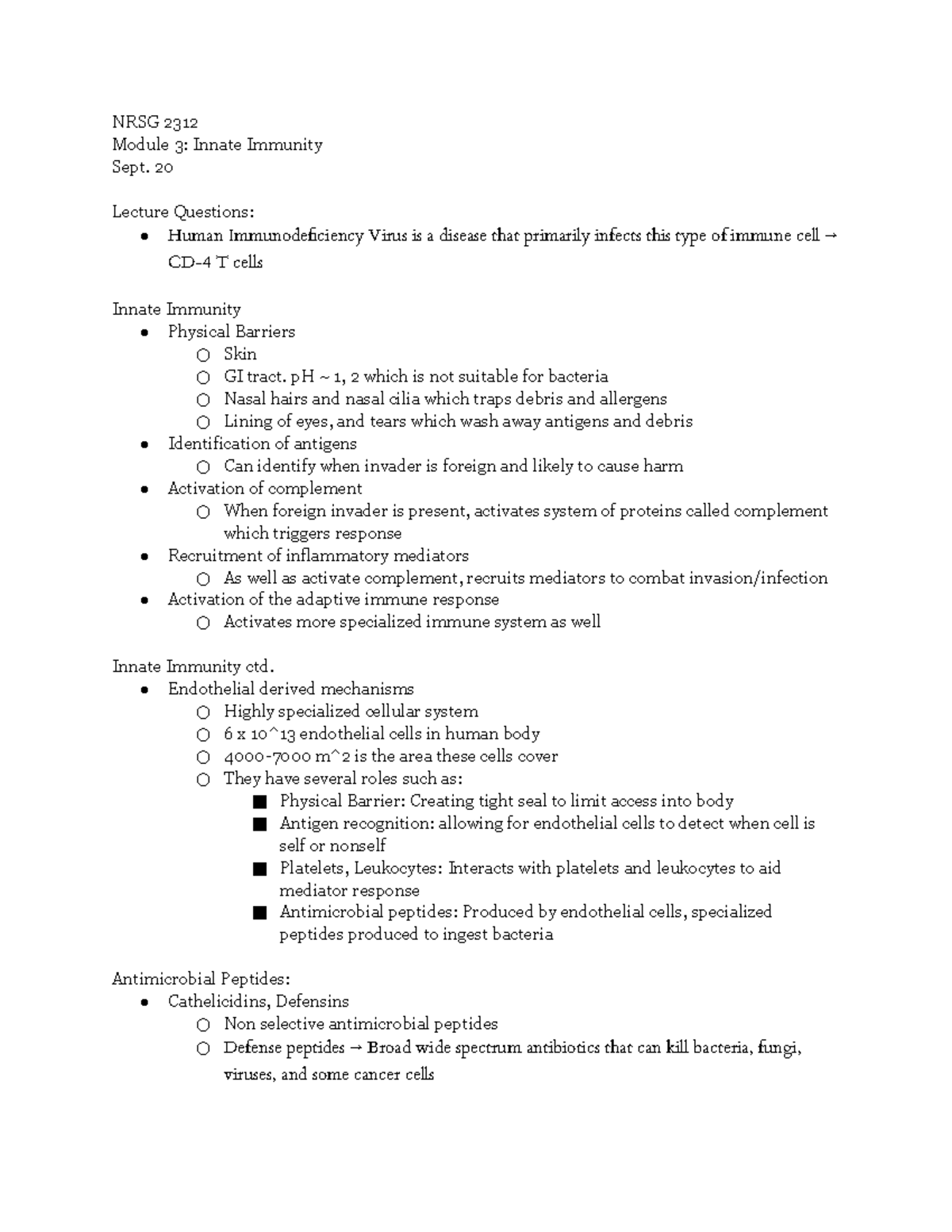 Module 3- Innate Immunity - 20 Lecture Questions: Human ...