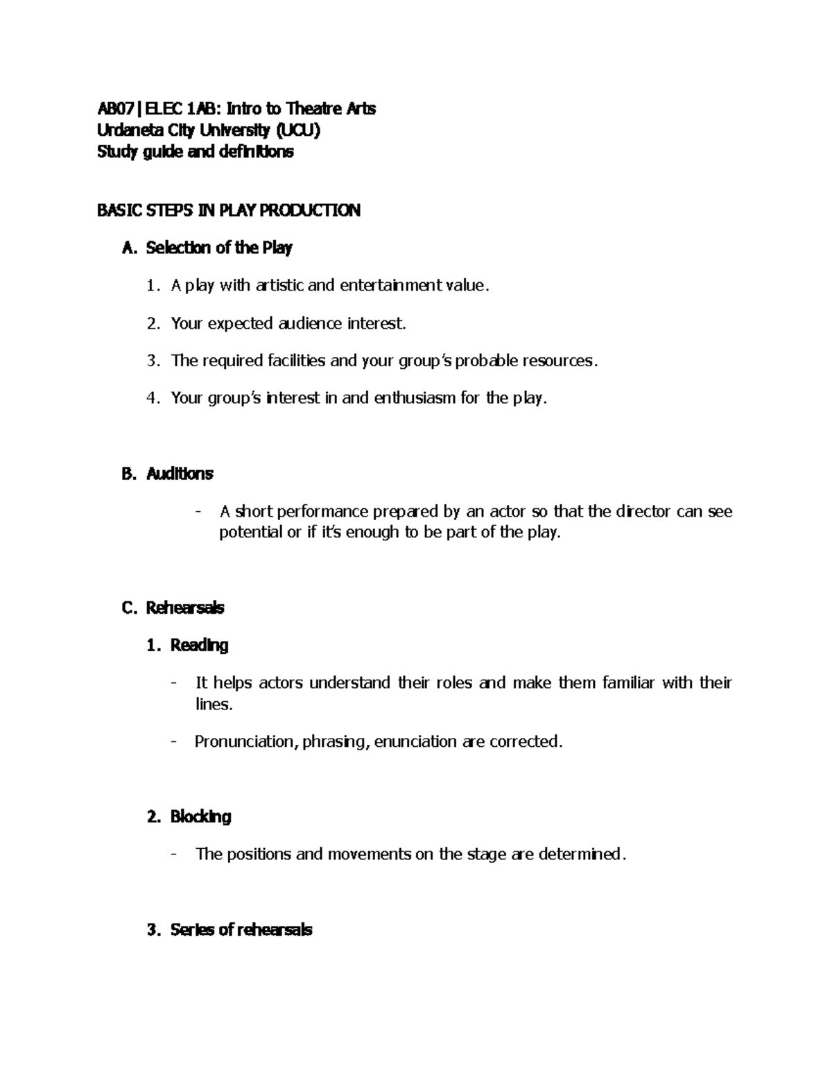 Basic Steps IN PLAY Production AND People IN A PLAY - AB 07 | ELEC 1 AB ...