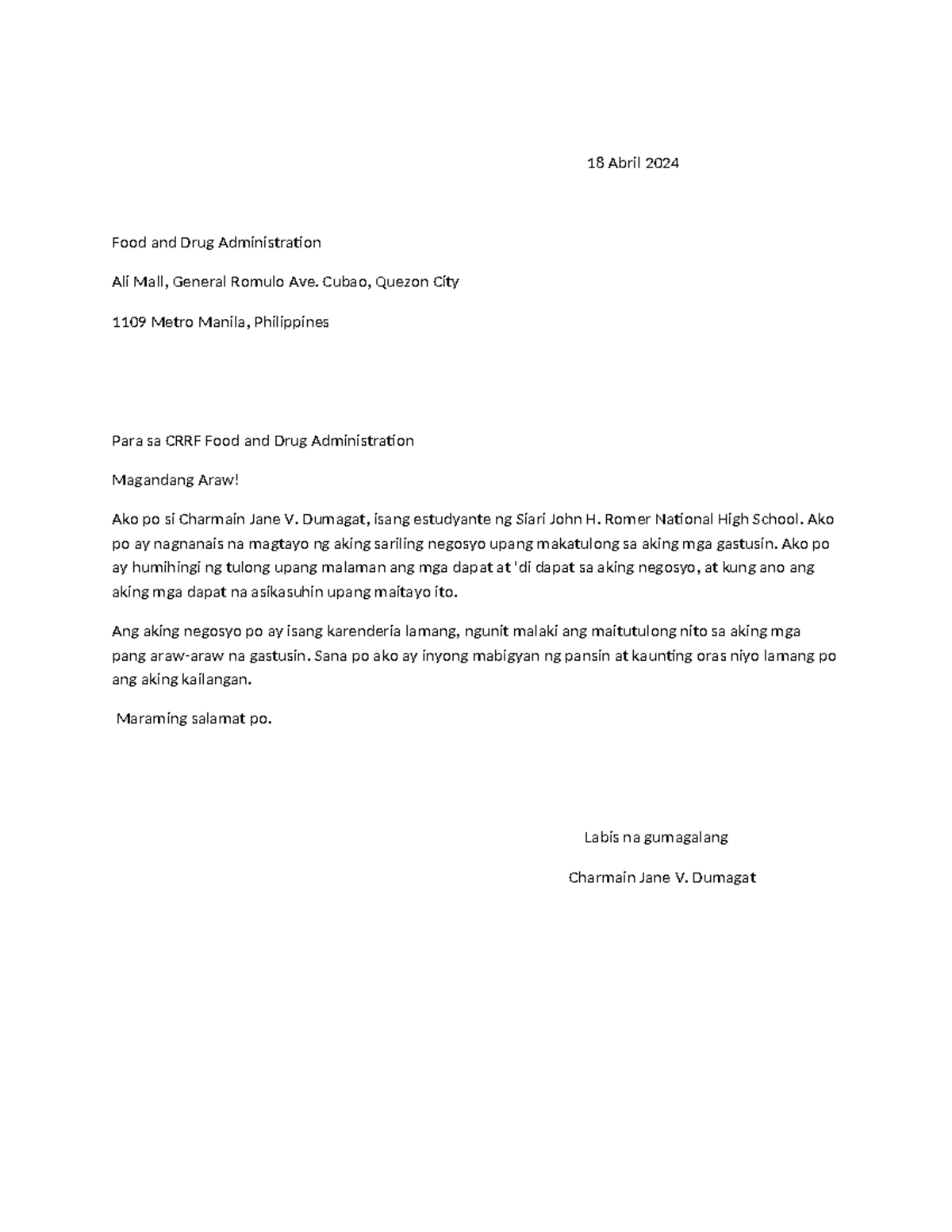 Liham Pangnegosyo - 18 Abril 2024 Food and Drug Administration Ali Mall ...