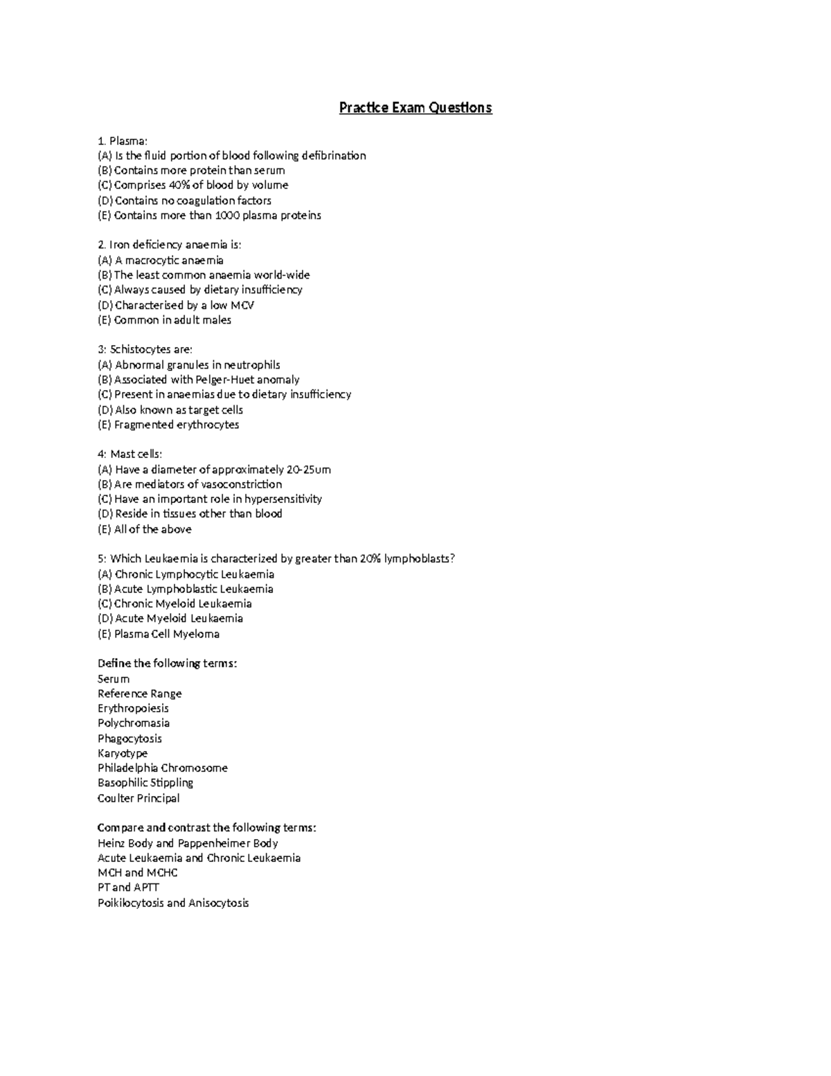 Practice Exam Questions - Plasma: (A) Is the fluid portion of blood ...