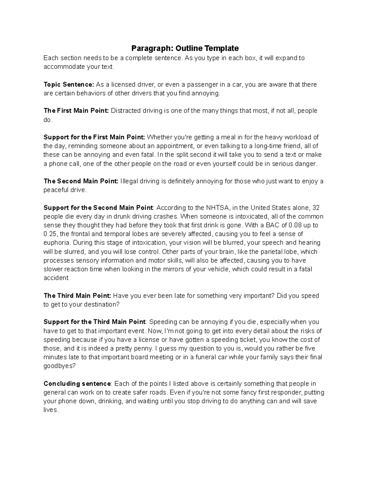 Paragraph Outline Template Submission - Paragraph: Outline Template ...