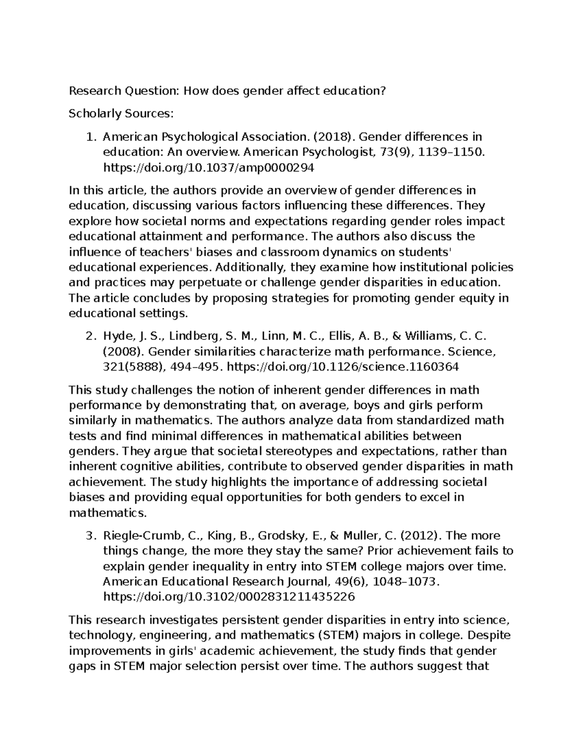 Inequality paper 2 - Research Question: How does gender affect ...