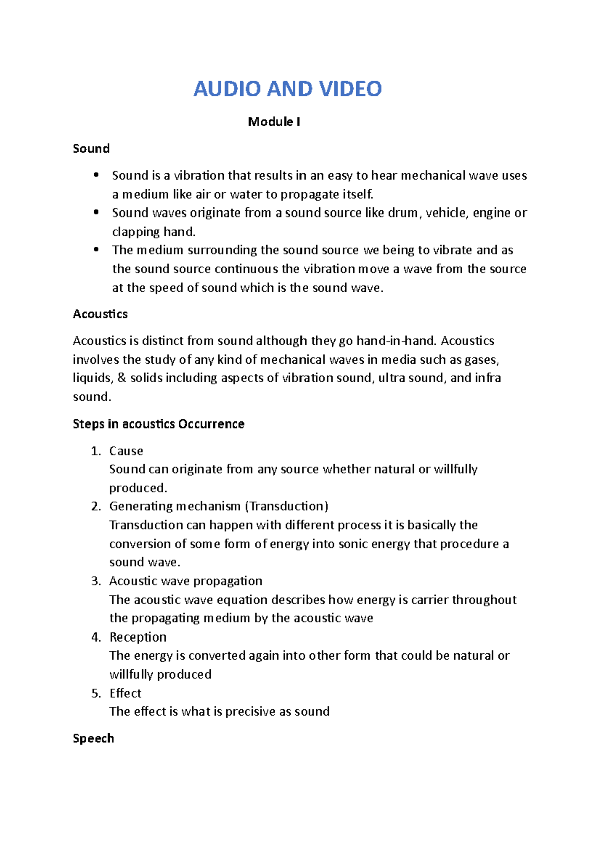 Avs 1 - Lecture note of Fourth semester avs module 1 - AUDIO AND VIDEO ...