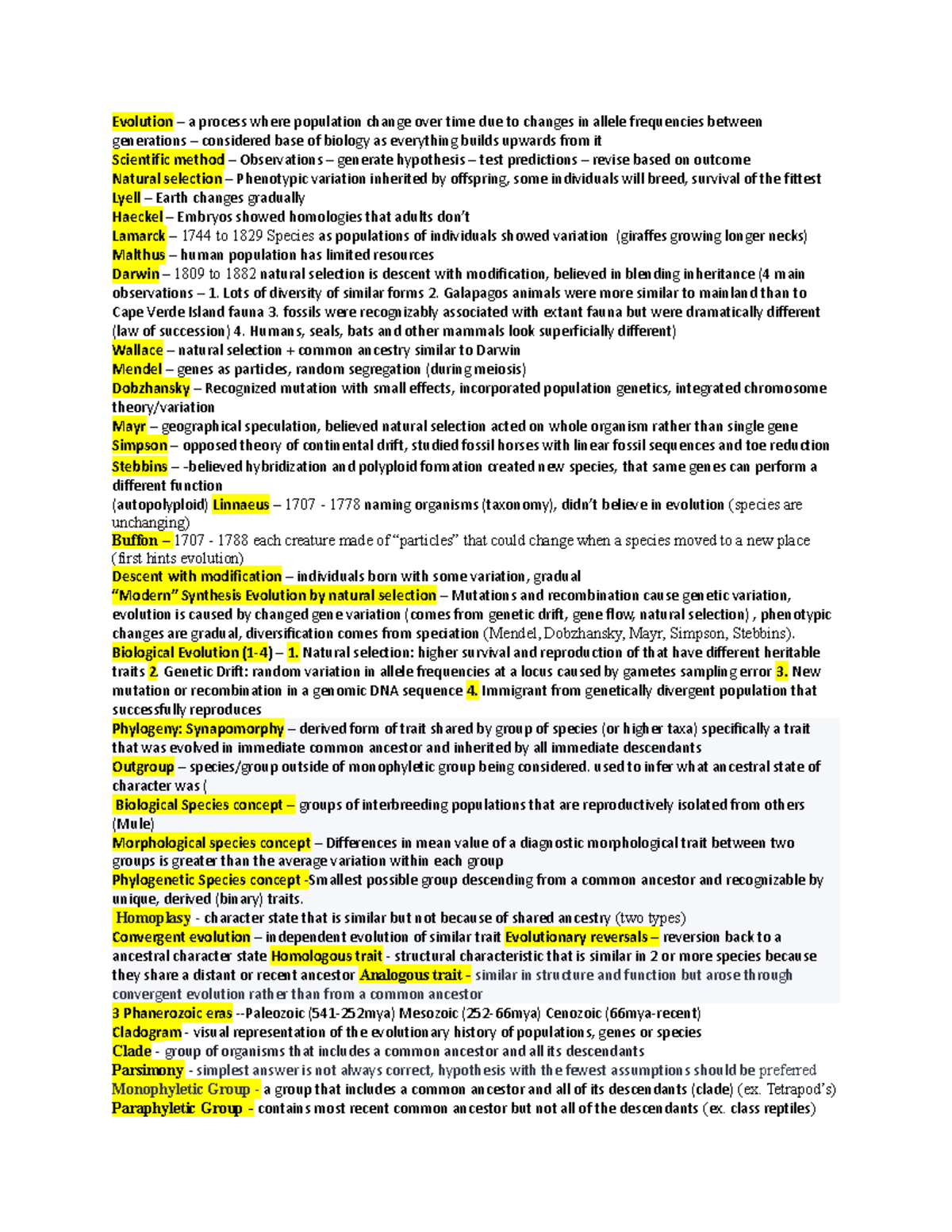 Cheat Sheet Biol 2400 Midterm 1 - Evolution – a process where ...