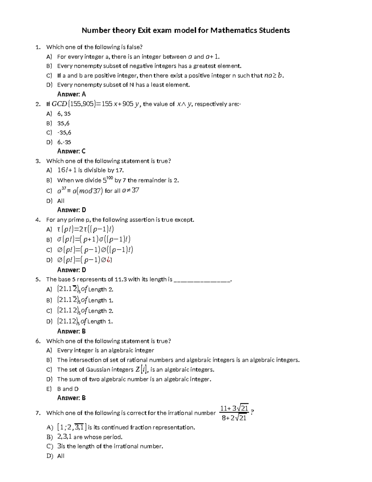 Number Theory 7 Questions - Number theory Exit exam model for Mathematics Students 1. Which one ...