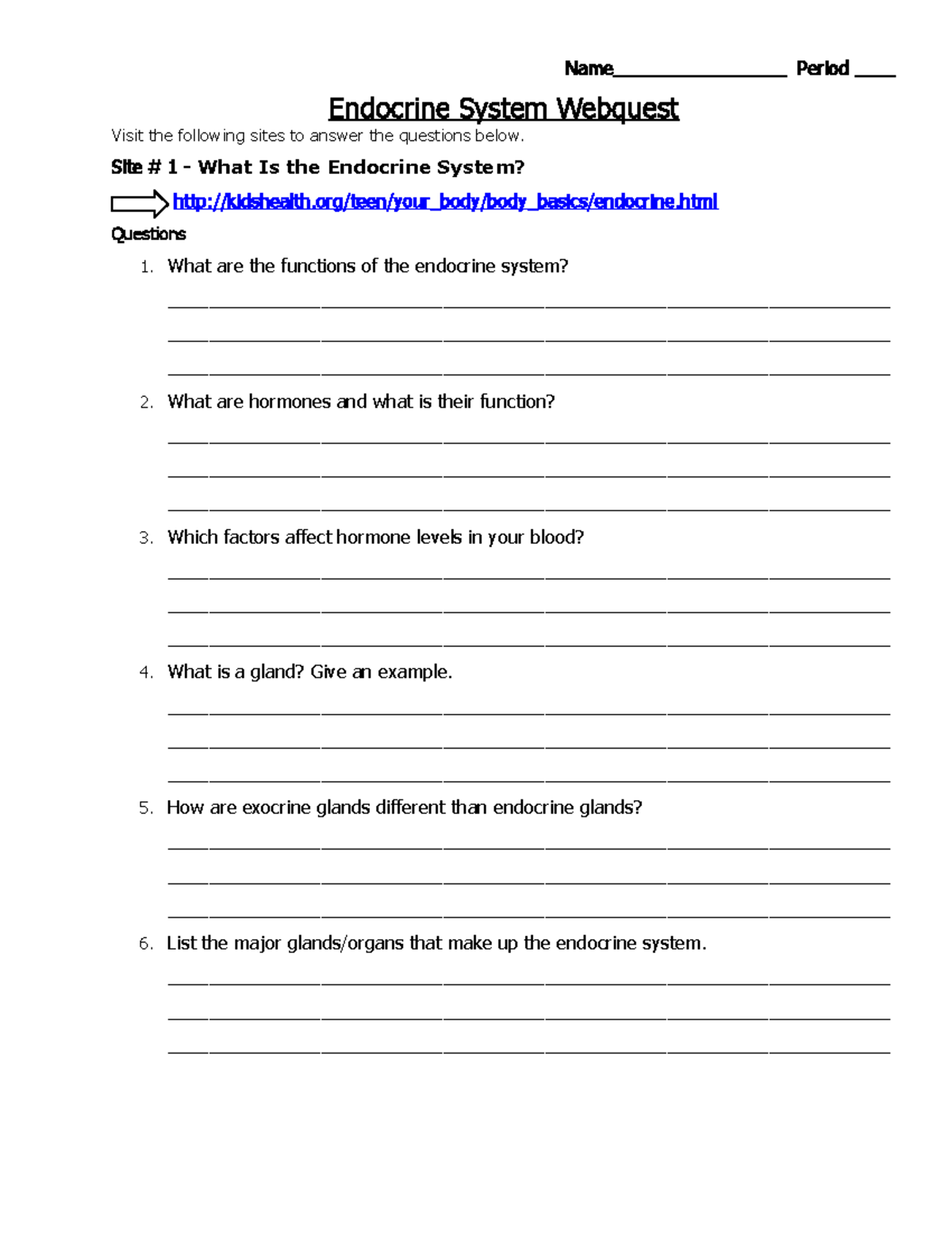 Endocrine system webquest - Name_________________ Period ____ Endocrine ...