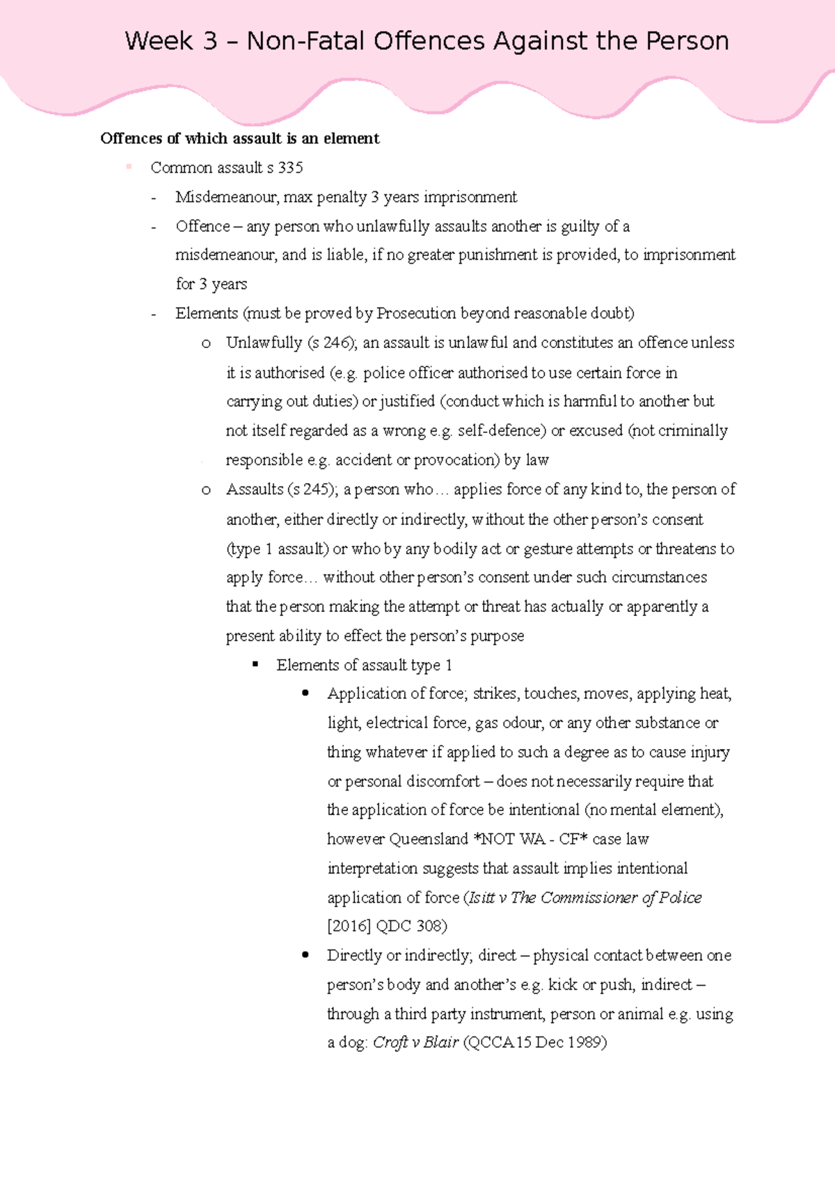 Week 3 - Non-fatal offences against the person - Offences of which assault is an element Common ...