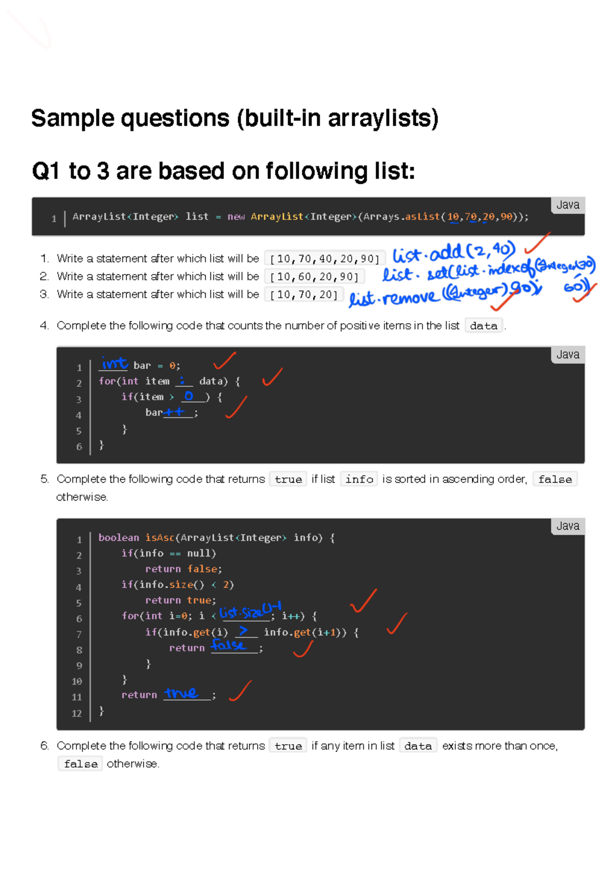 Array List merged - 1. Write a statement after which list will be [10 ...