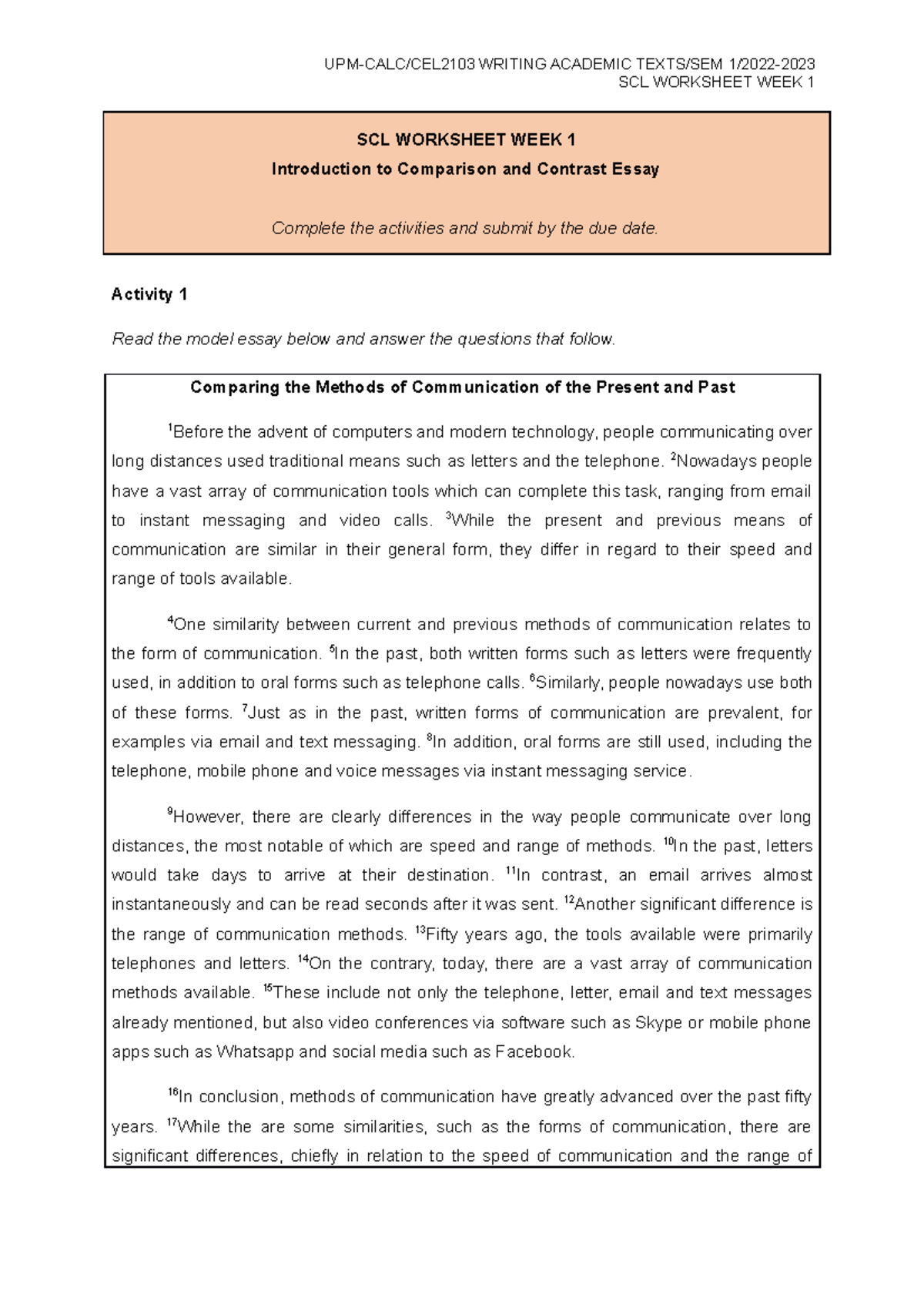 SCL Worksheet WEEK 1 - SCL WORKSHEET WEEK 1 SCL WORKSHEET WEEK 1 ...