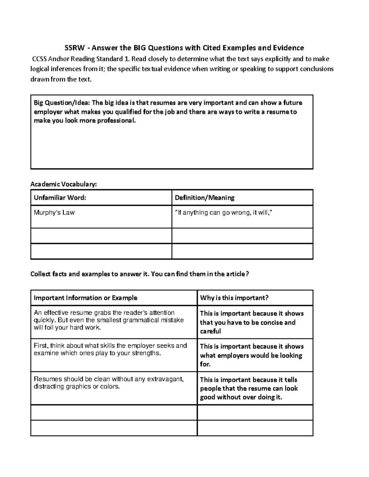 Resume worksheet - SSRW - Answer the BIG Questions with Cited Examples ...