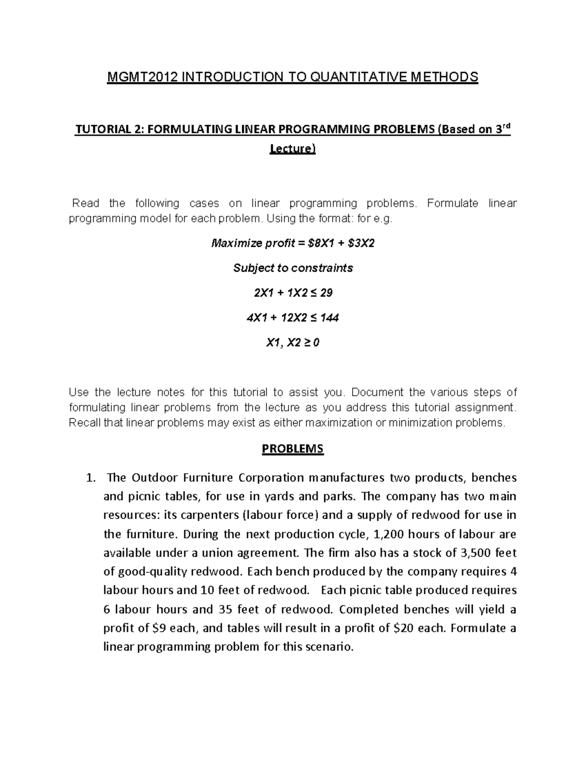 Formulation of LPPs - MGMT2012 INTRODUCTION TO QUANTITATIVE METHODS TUTORIAL 2: FORMULATING ...