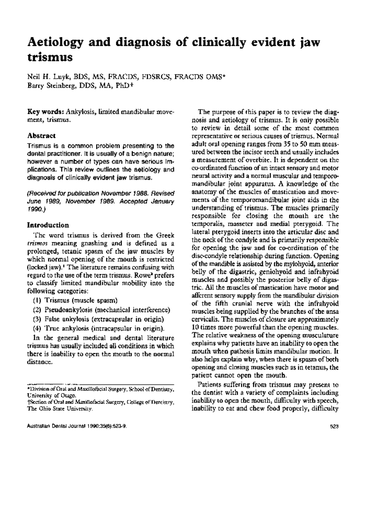Aetiology and diagnosis of clinically evident jaw trismus - Luyk, BDS ...