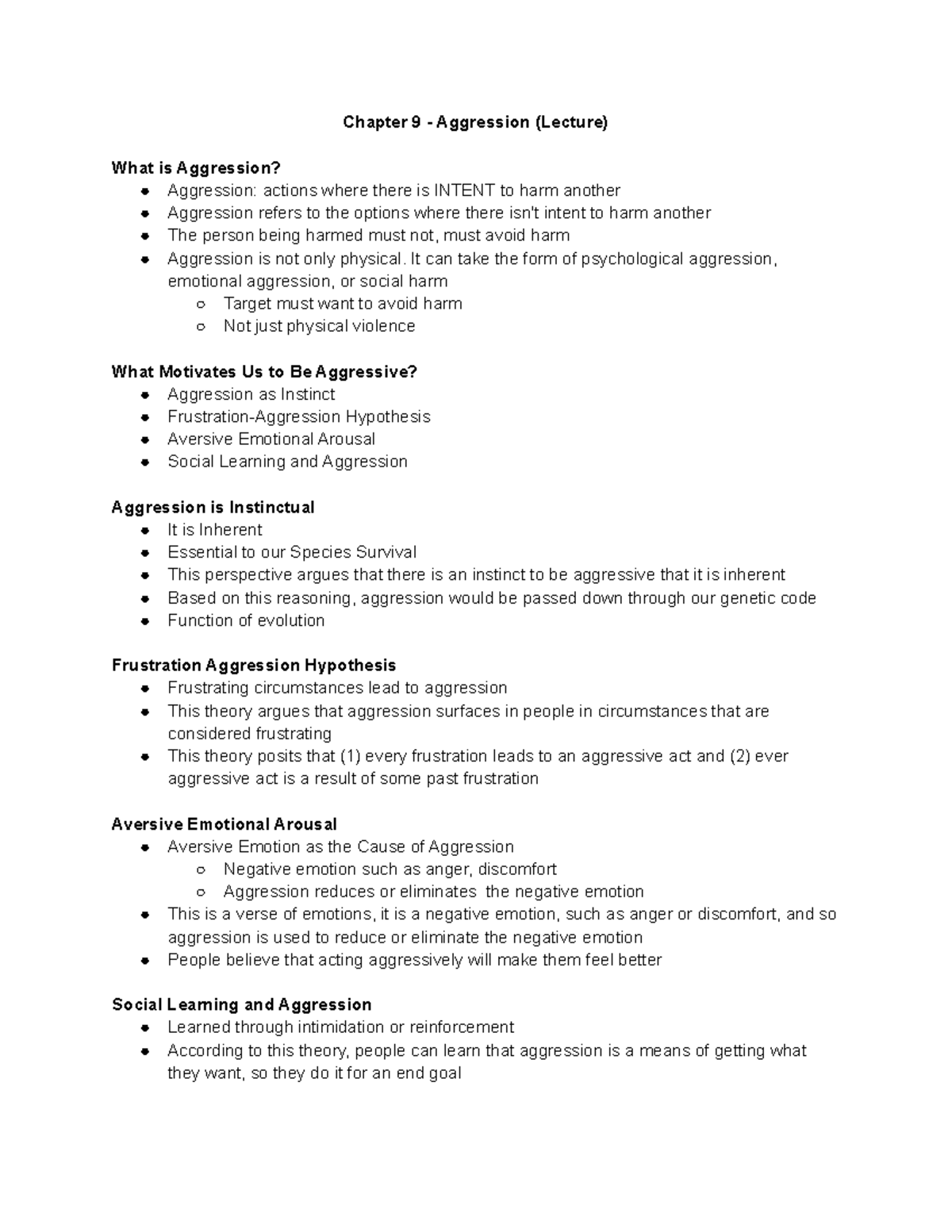 Chapter 9 - Social Psychology - Chapter 9 - Aggression (Lecture) What is Aggression? Aggression ...