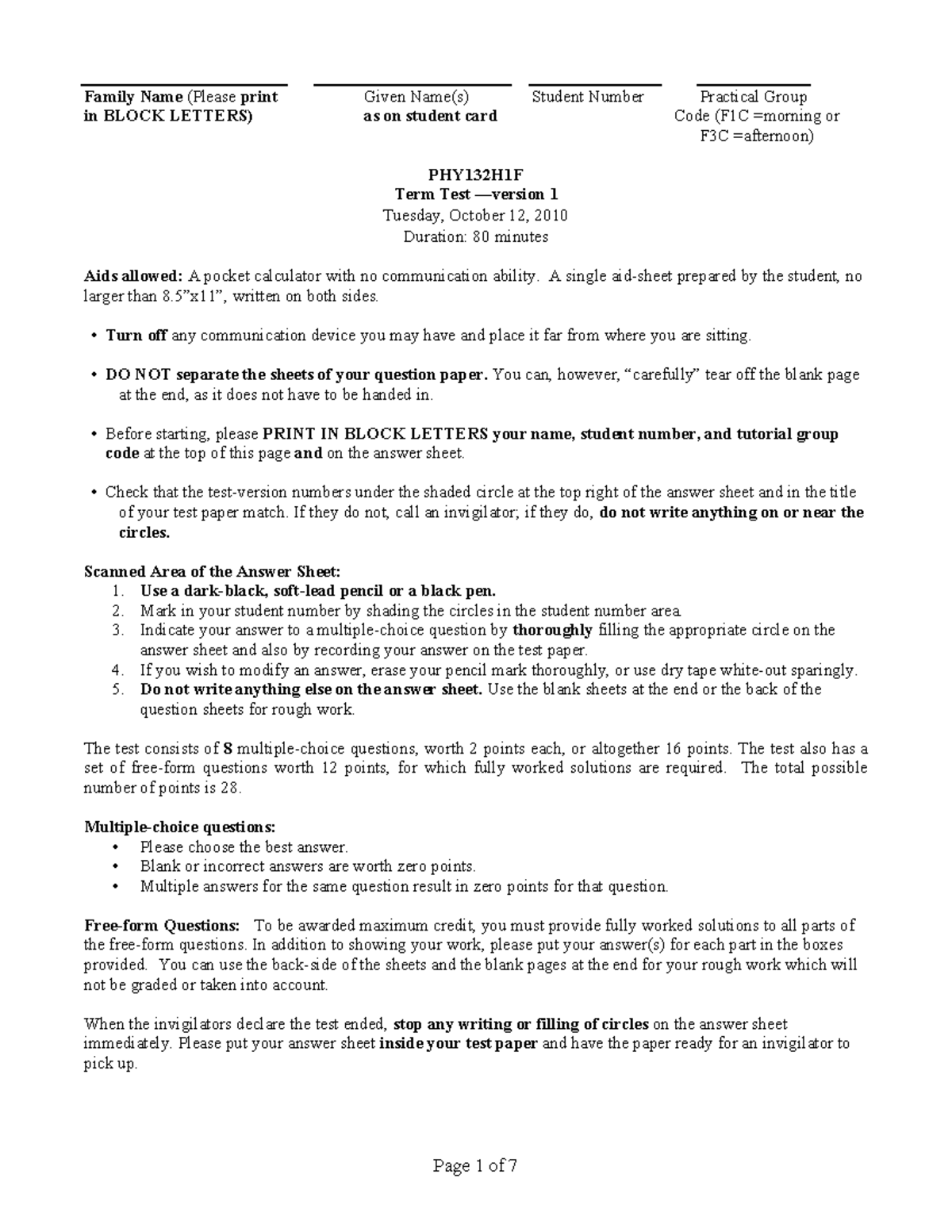 Testv 1 Test Family Name Please Print Given Name s Student Number 