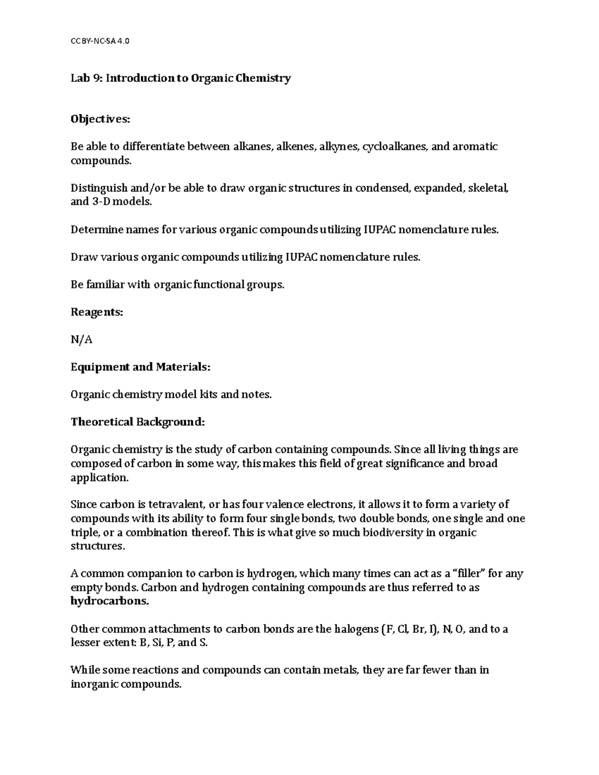 Lab 9-Introduction to Organic Chemistry - Lab 9 : Introduction to ...