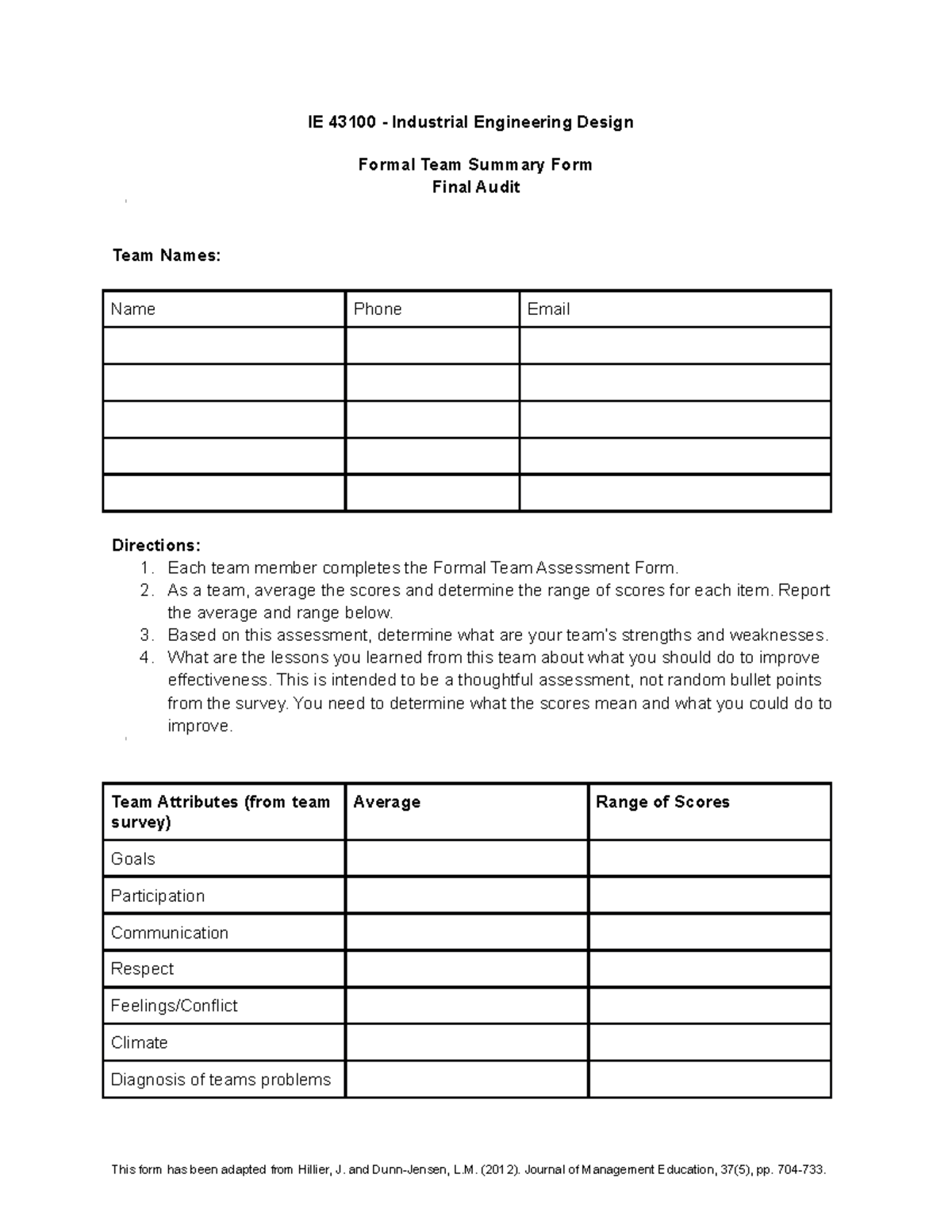 IE43100 Formal Team Summary Form - Final - IE 43100 - Industrial ...