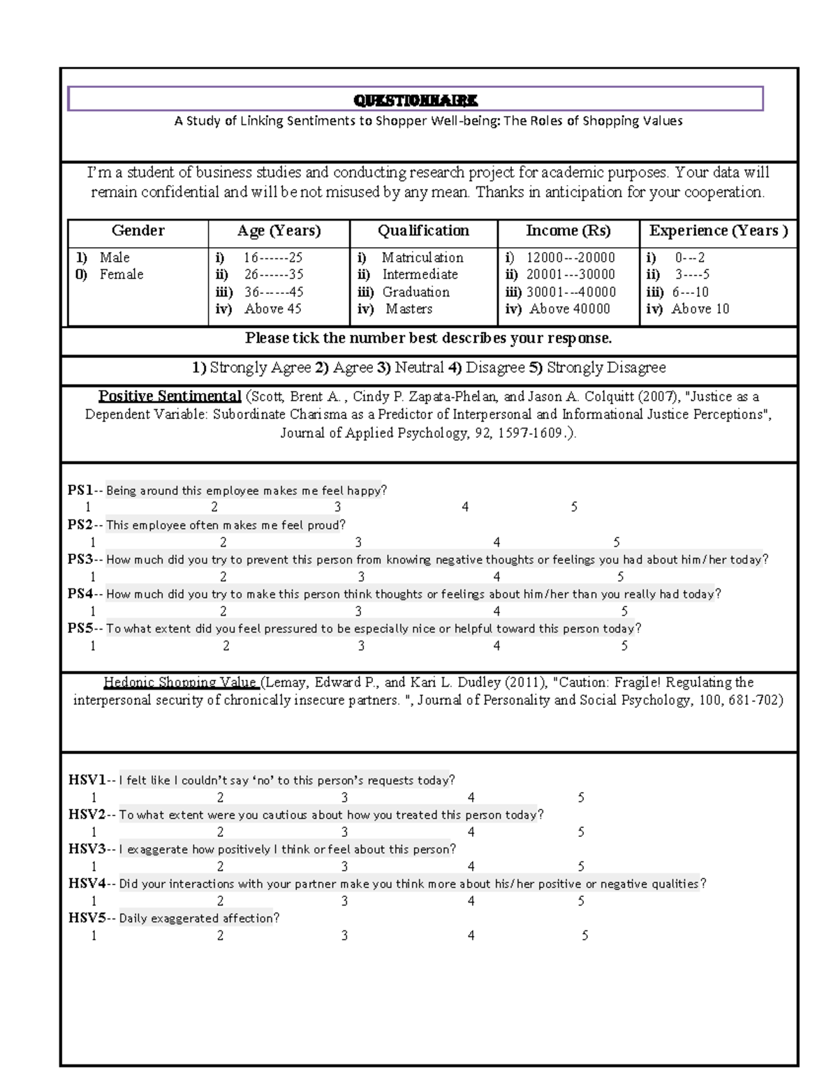 Role of Shopping Values - Questionnaire A Study of Linking Sentiments ...