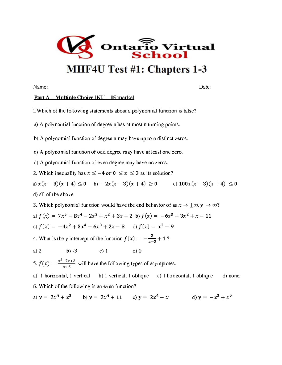 1705781369-MHF4U, Catherine Madukayil, Unit 1 Test - Name: Date: Part A ...