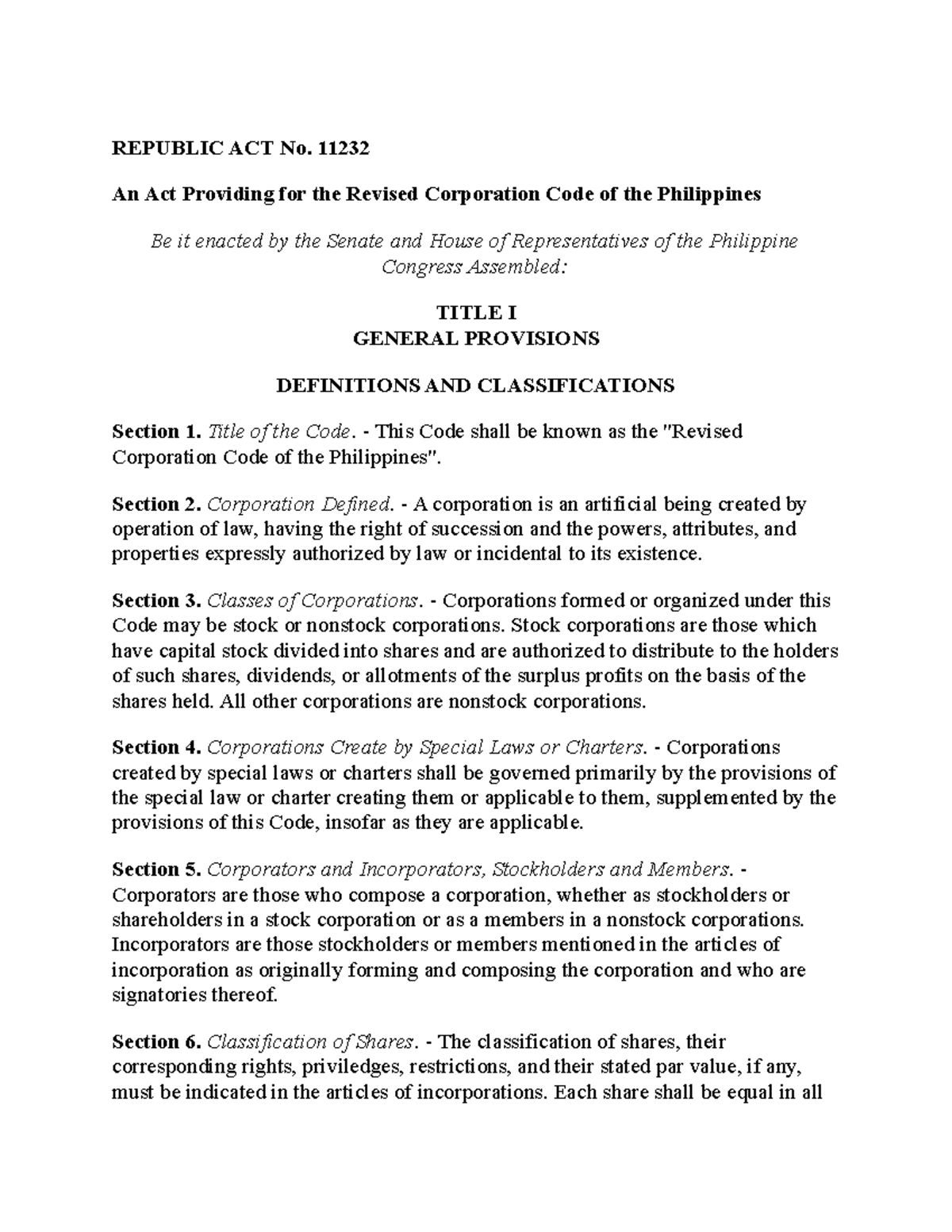 Revised Corporation CODE - REPUBLIC ACT No. 11232 An Act Providing for ...