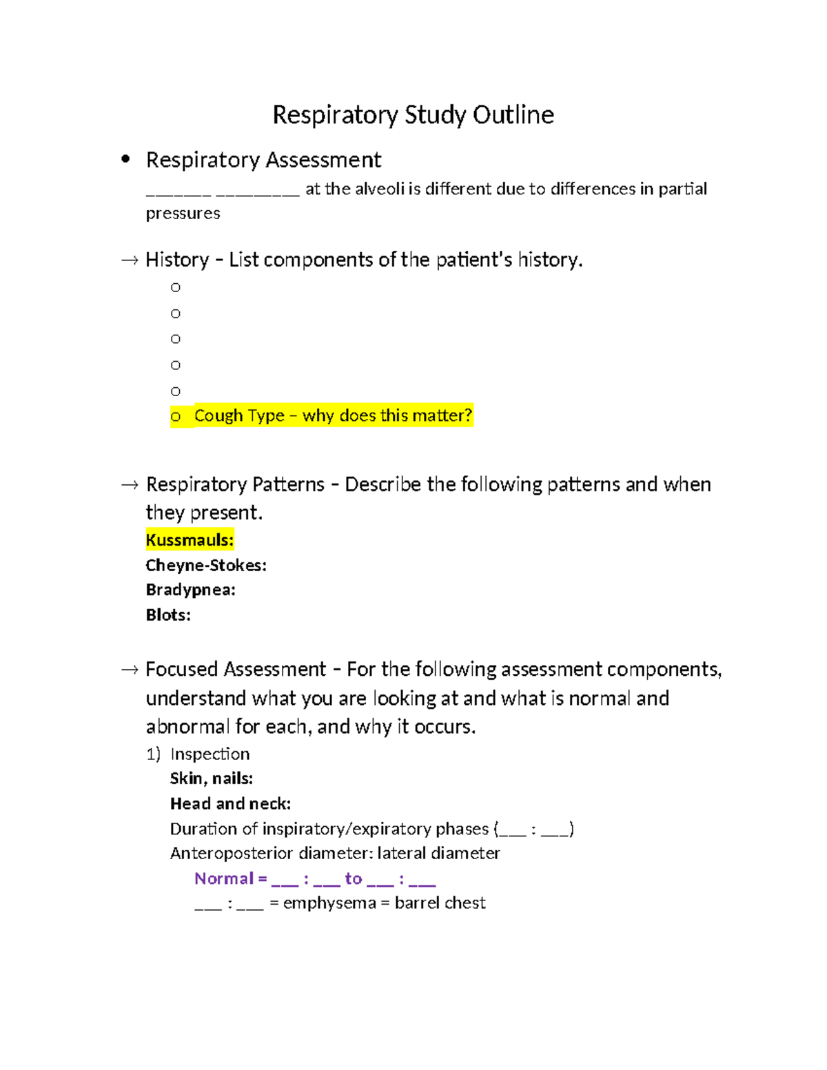 MS1+Respiratory+Study+Outline+ - Respiratory Study Outline Respiratory ...