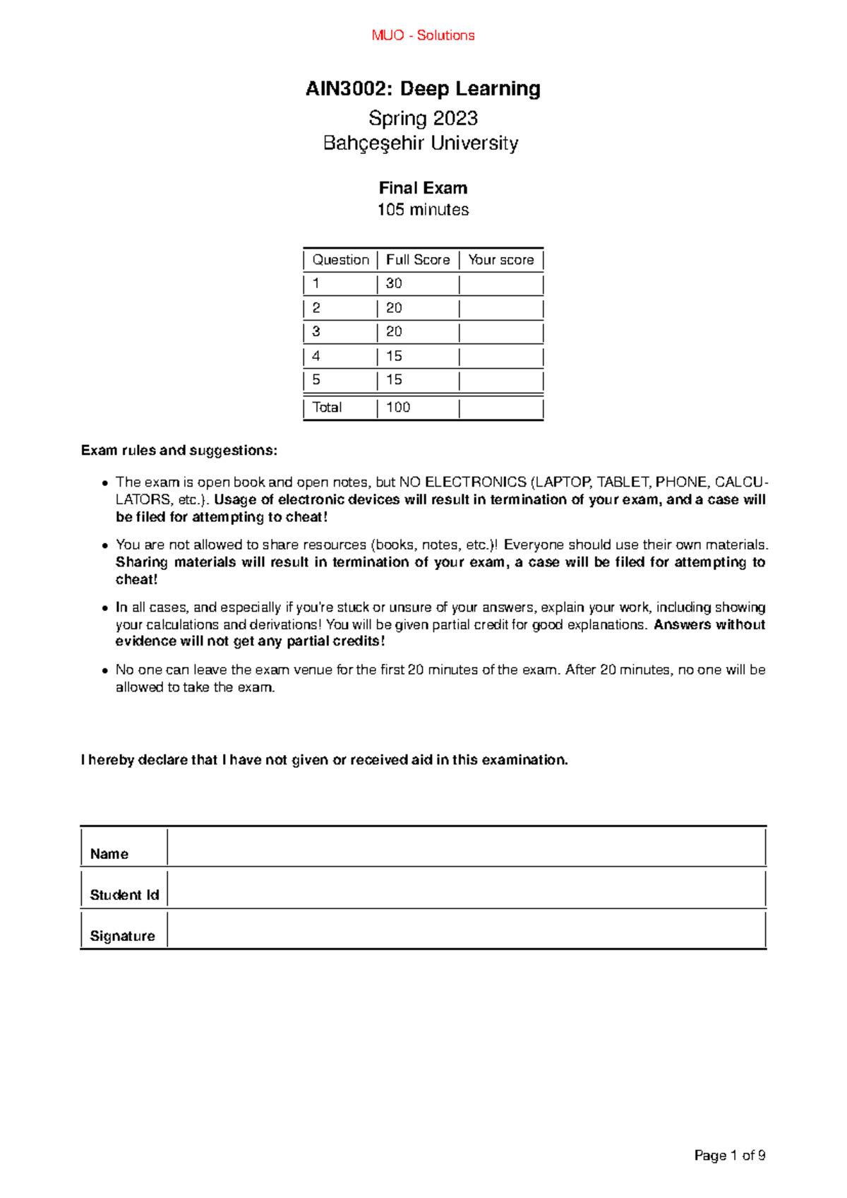 Dl final exam - AIN3002: Deep Learning Spring 2023 Bahçe ̧sehir ...