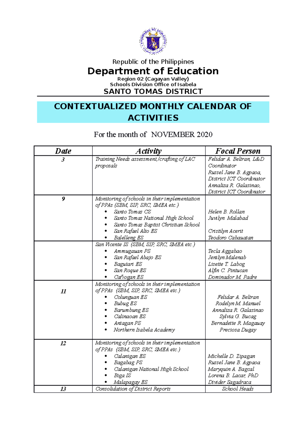 Contextualized Monthly Calendar of Activities January - Republic of the ...