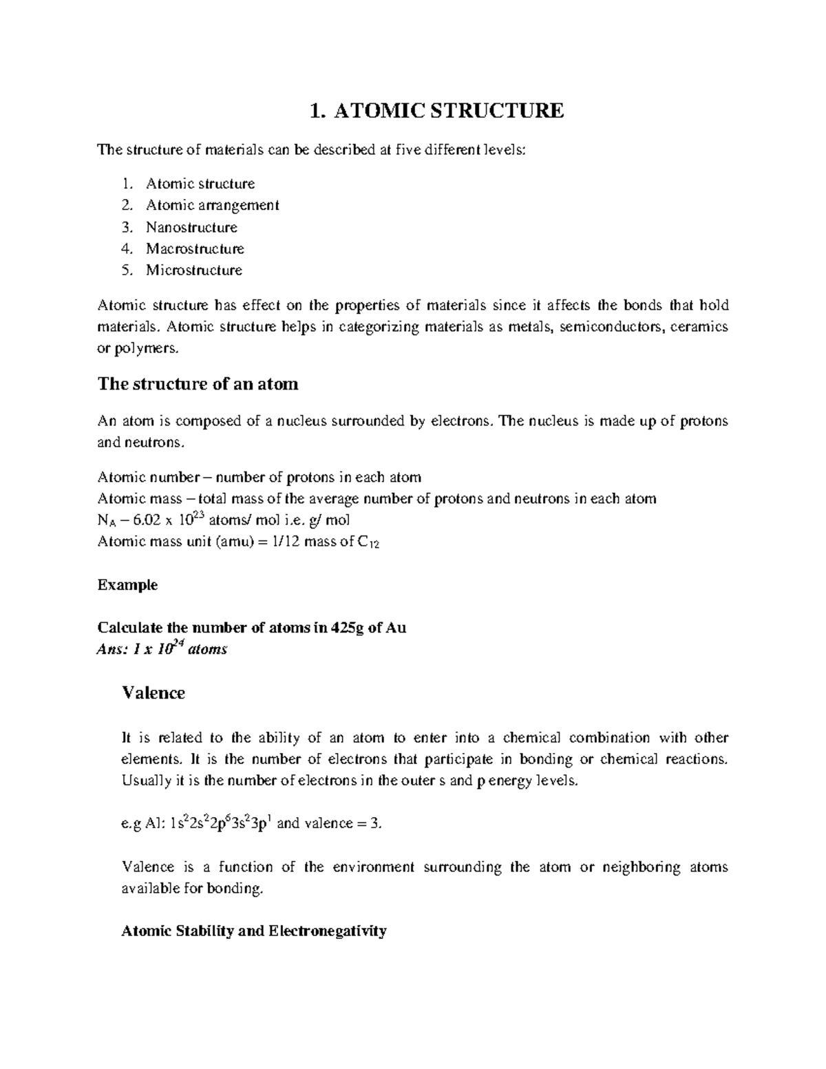 Introduction to Metal Processing - 1. ATOMIC STRUCTURE The structure of ...